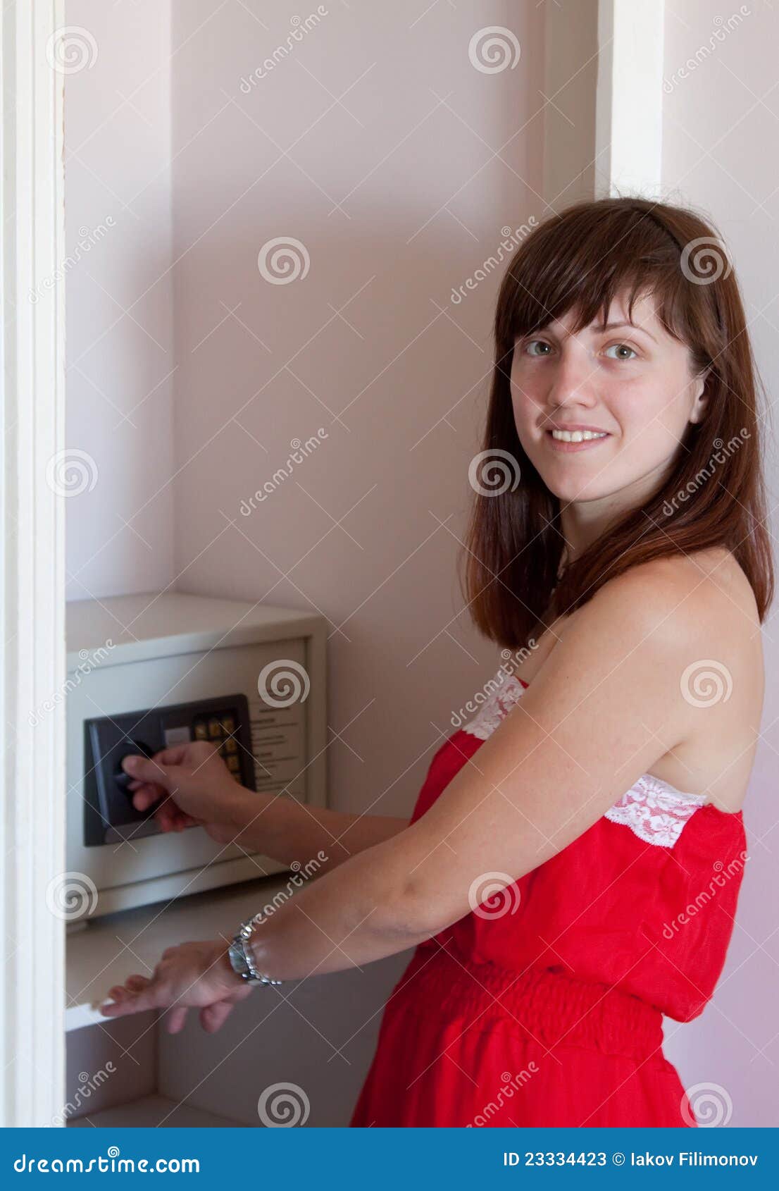 Woman Using Safe at Hotel Room Stock Image - Image of interior, data ...