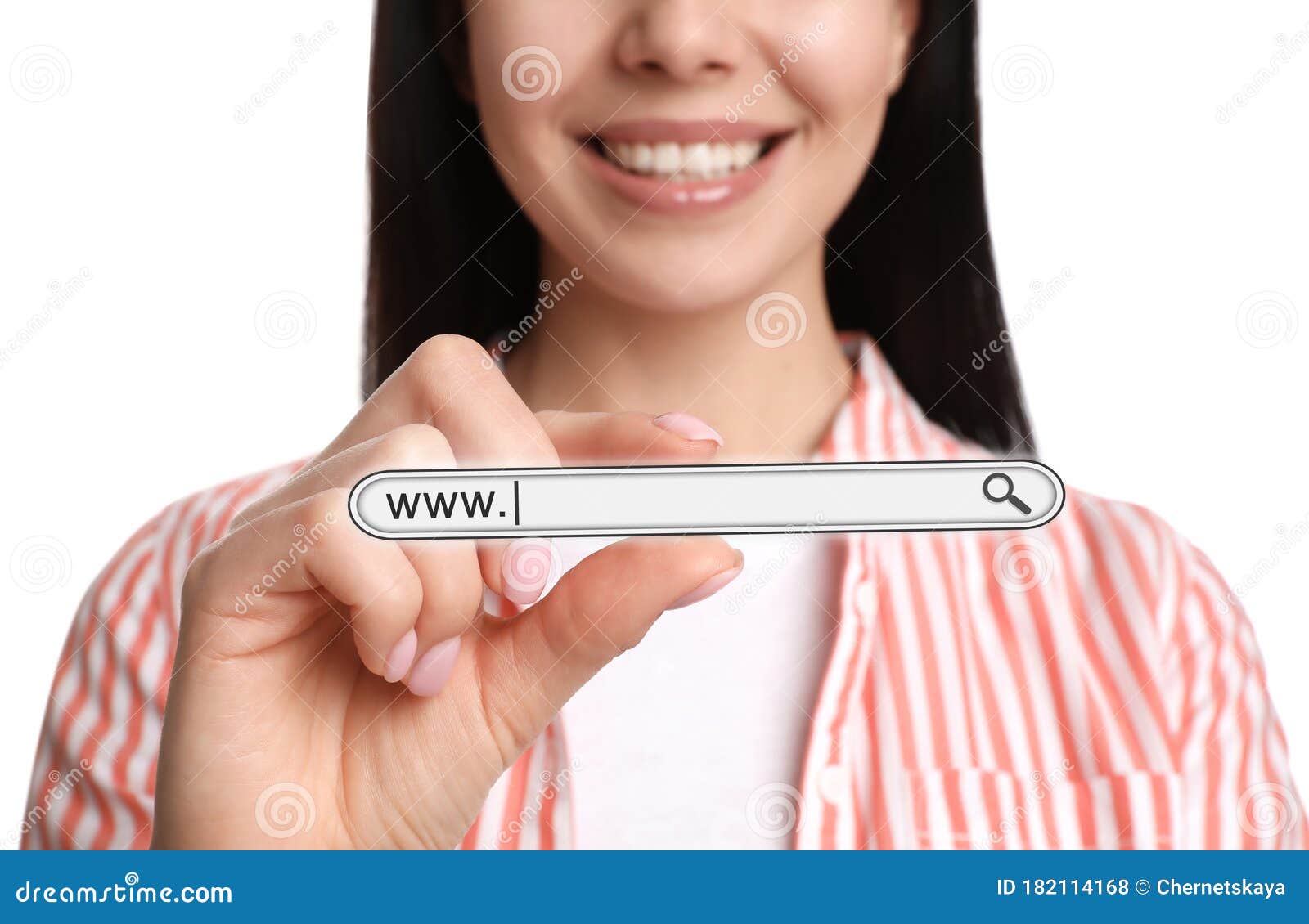 Woman Using Search Bar on Virtual Screen Stock Photo - Image of global ...