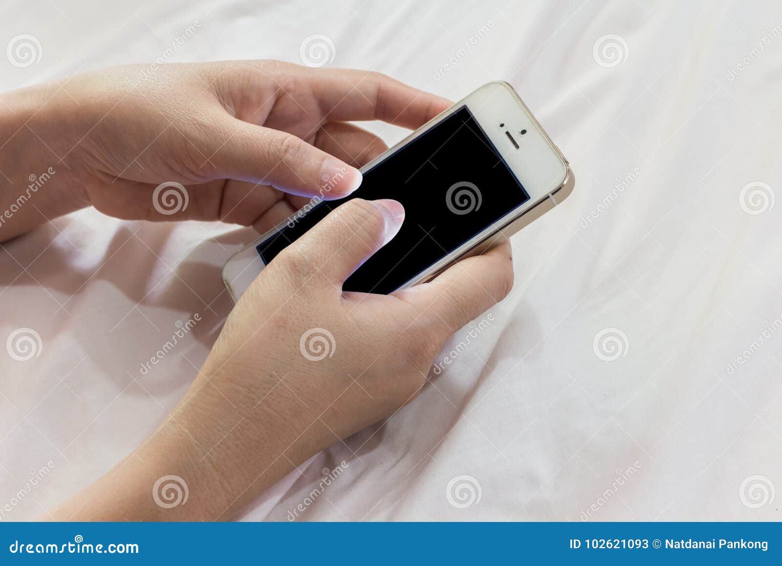 Woman Using a Smart Phone on Bed Stock Image - Image of messaging ...