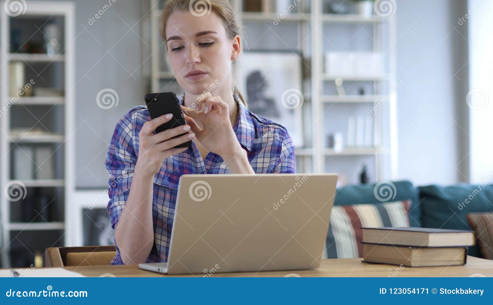 Woman Using Smartphone, Browsing Online at Work Stock Image - Image of ...