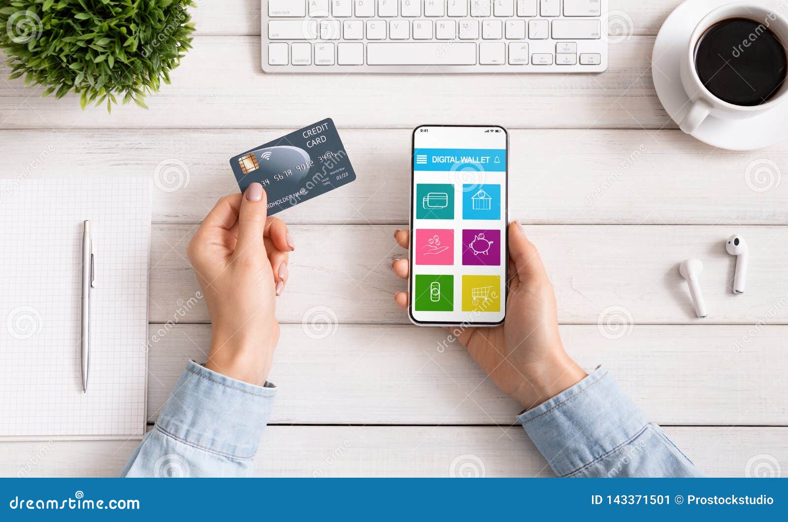 Woman Using Smartphone with Digital Wallet Application and Credit Card ...