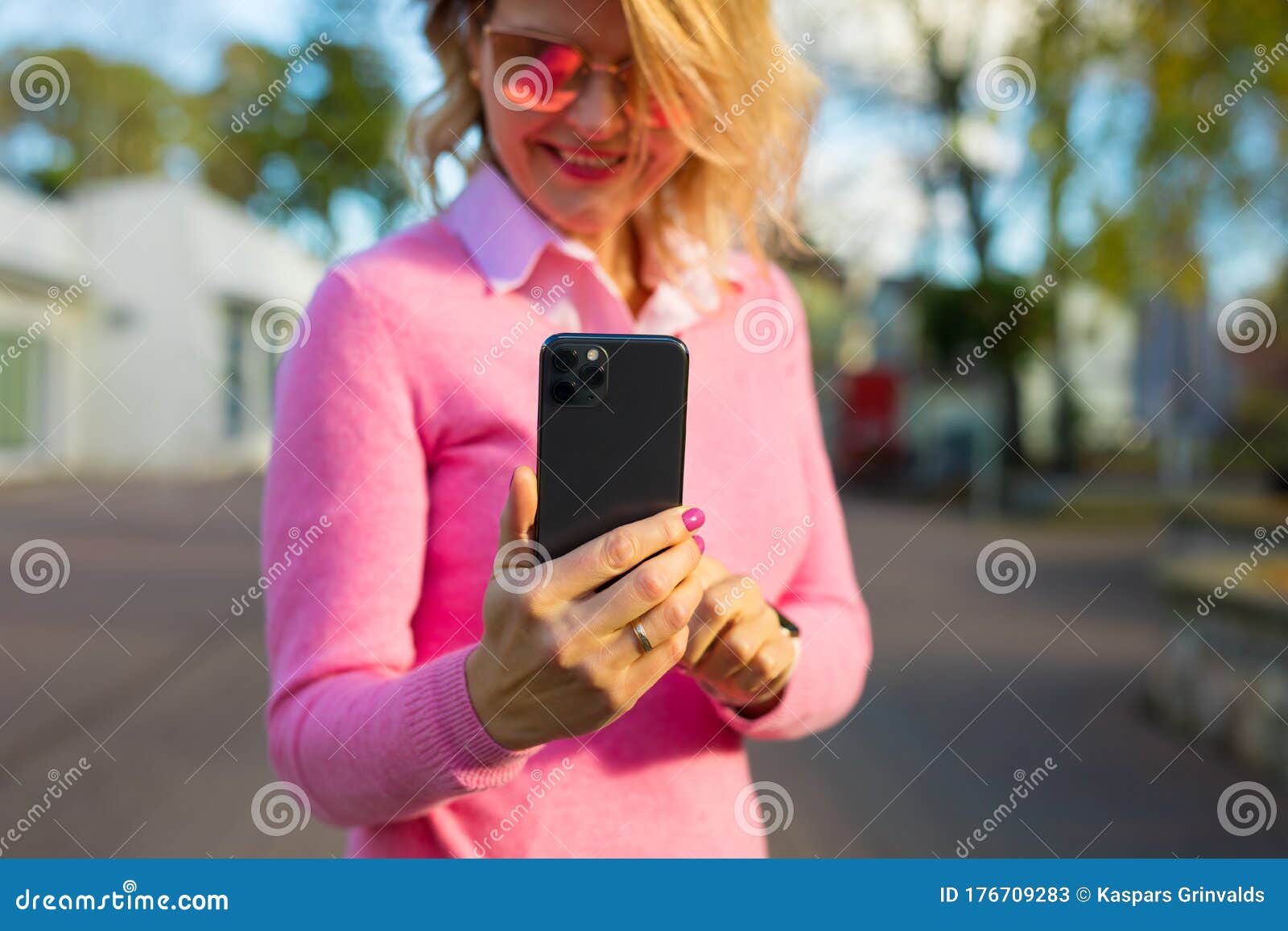 Woman Using Smartphone on the Street Stock Image - Image of adult ...