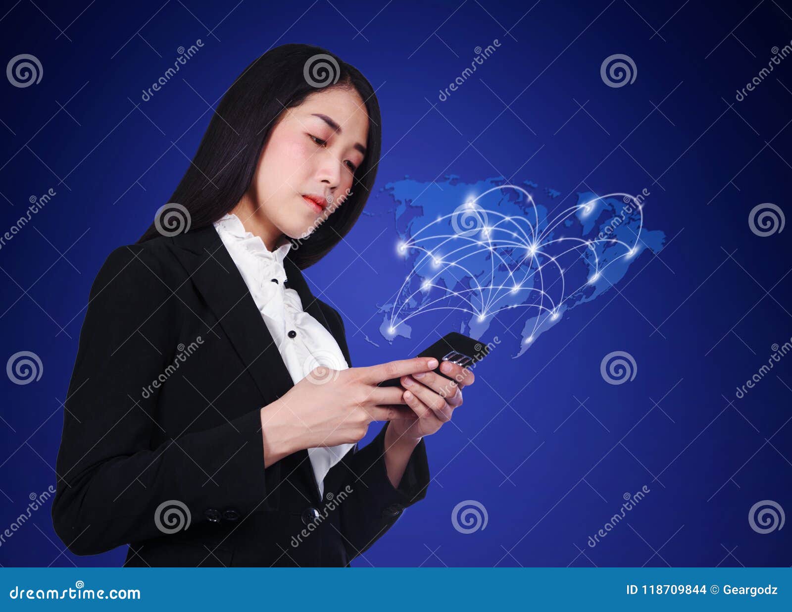 Woman Using Smartphone with World Social Media Network Stock Photo ... Woman Using Smartphone with World Social Media Network Stock Photo ...