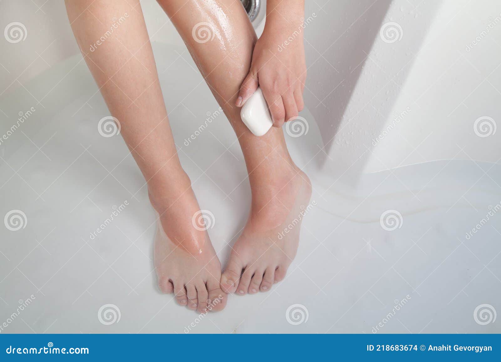 Woman Using Soap in the Bathroom. Woman Legs Stock Photo - Image of ...