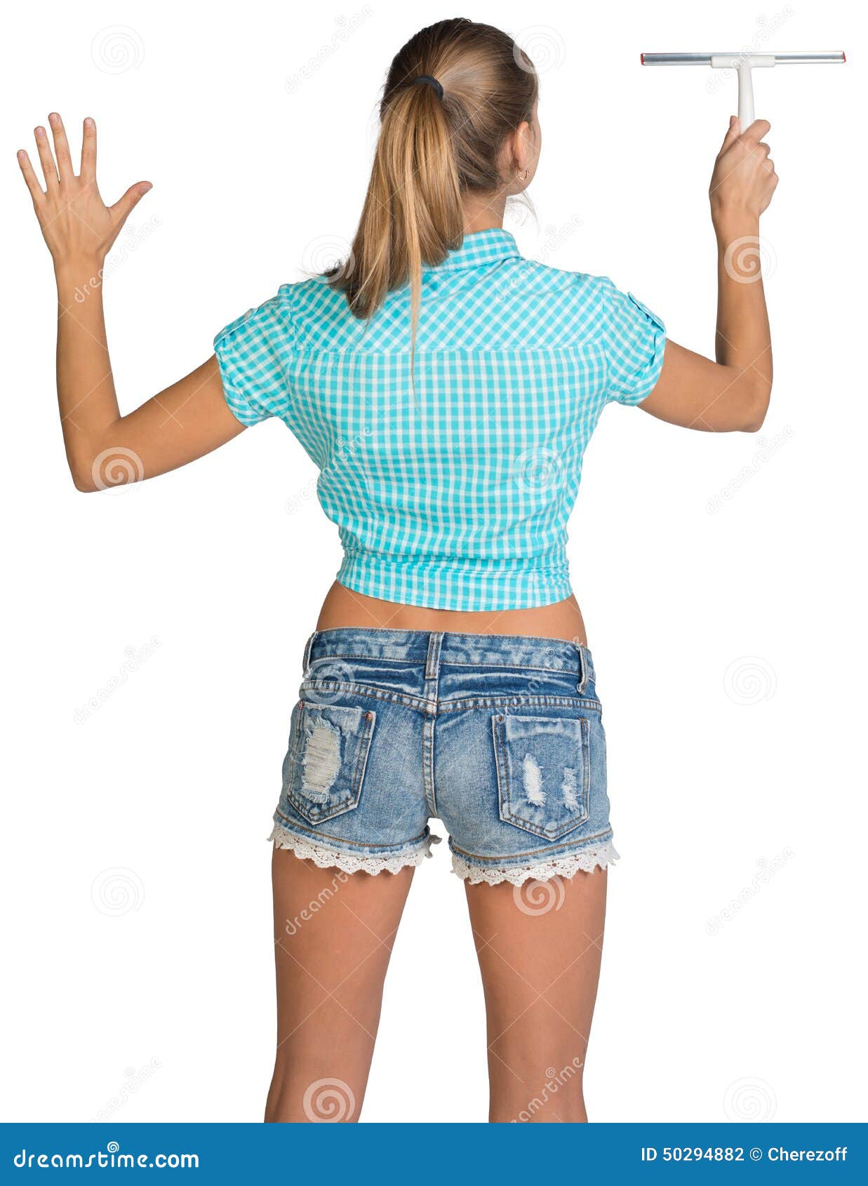 Woman Using Squeegee. Rear View Stock Photo - Image of knot, blonde ...