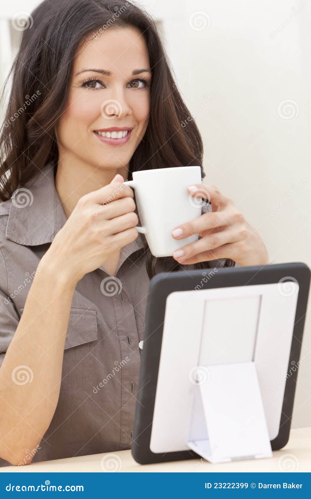 Woman Using Tablet Computer Drinking Tea or Coffee Stock Image - Image ...