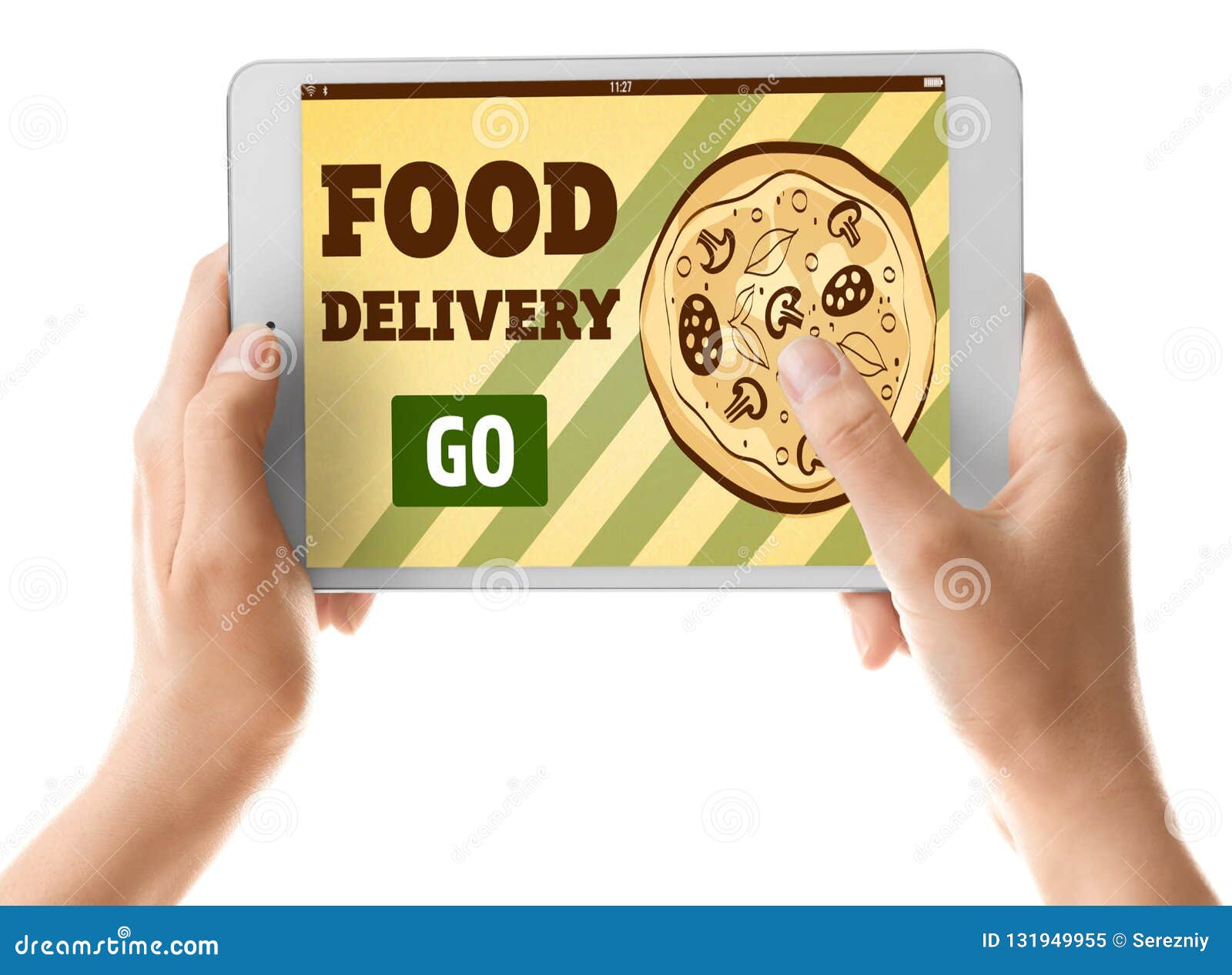 Woman Using Tablet Computer To Order Food Delivery Online On White ... Woman Using Tablet Computer To Order Food Delivery Online On White ...