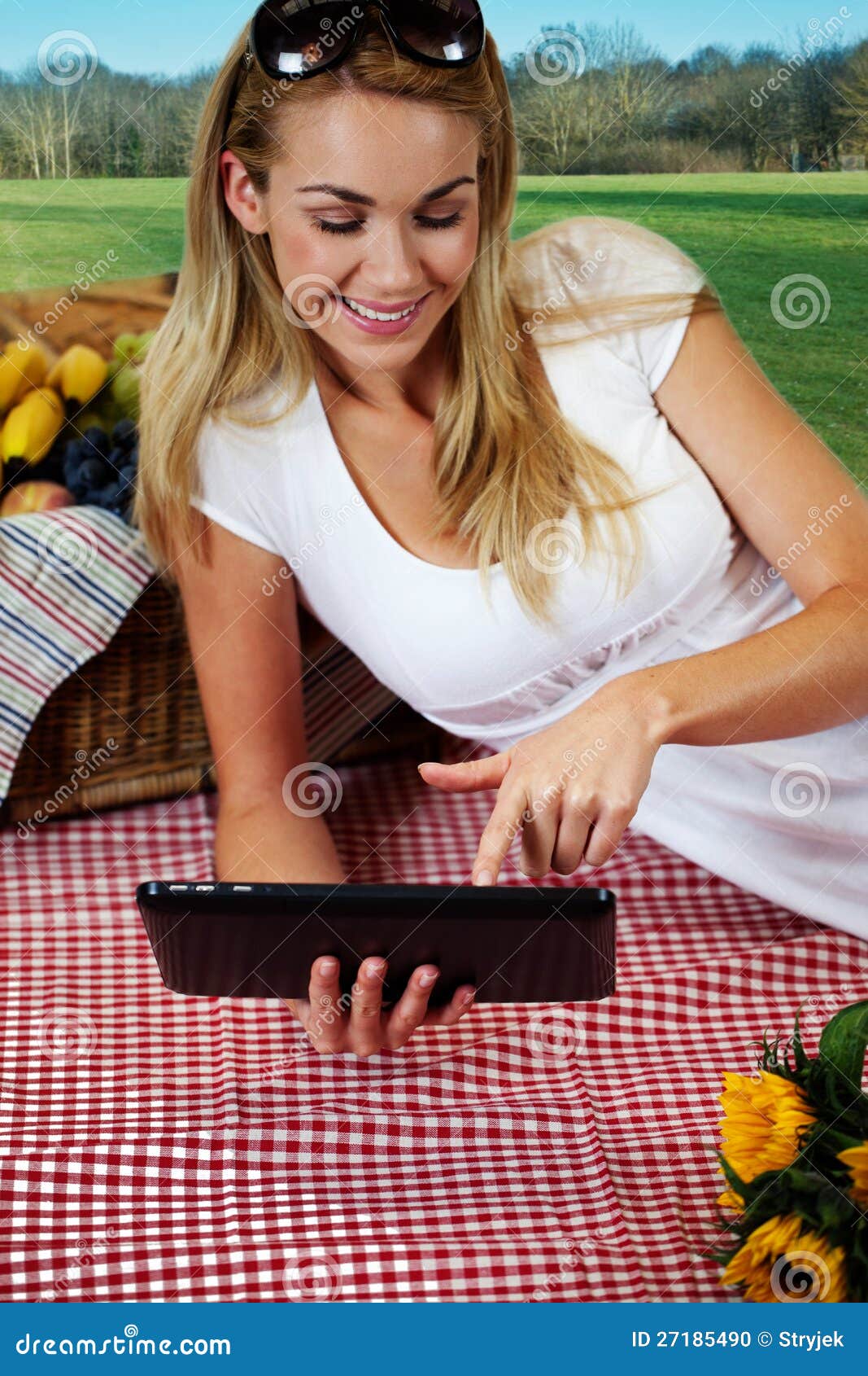 Woman Using a Tablet on a Picnic Stock Photo - Image of picnic, palmtop ...