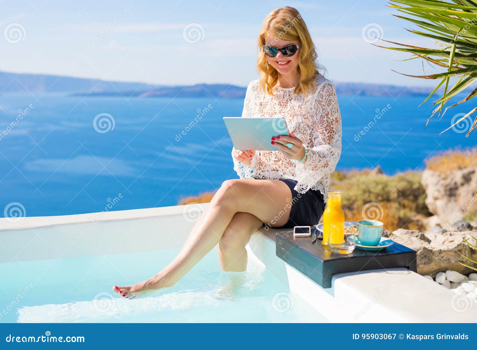 Woman Using Tablet by the Pool Stock Image - Image of breakfast ...