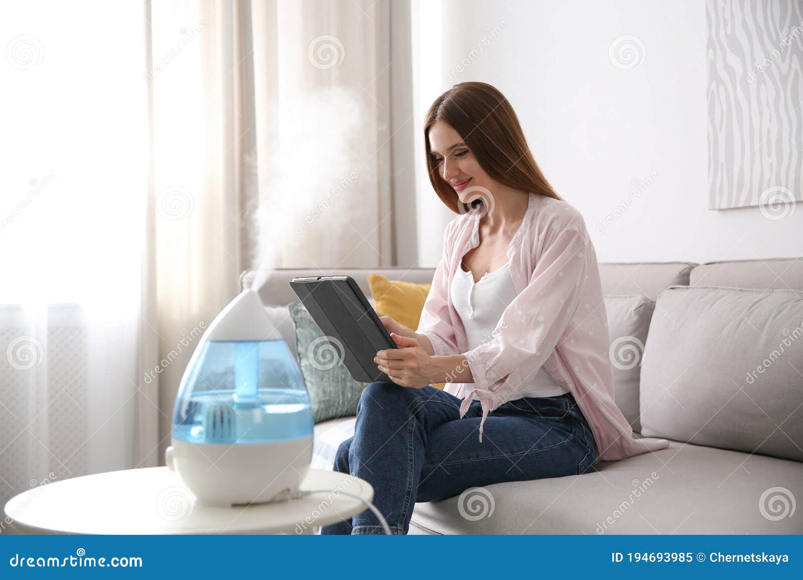 Woman Using Tablet in Room with Air Humidifier Stock Image - Image of ...