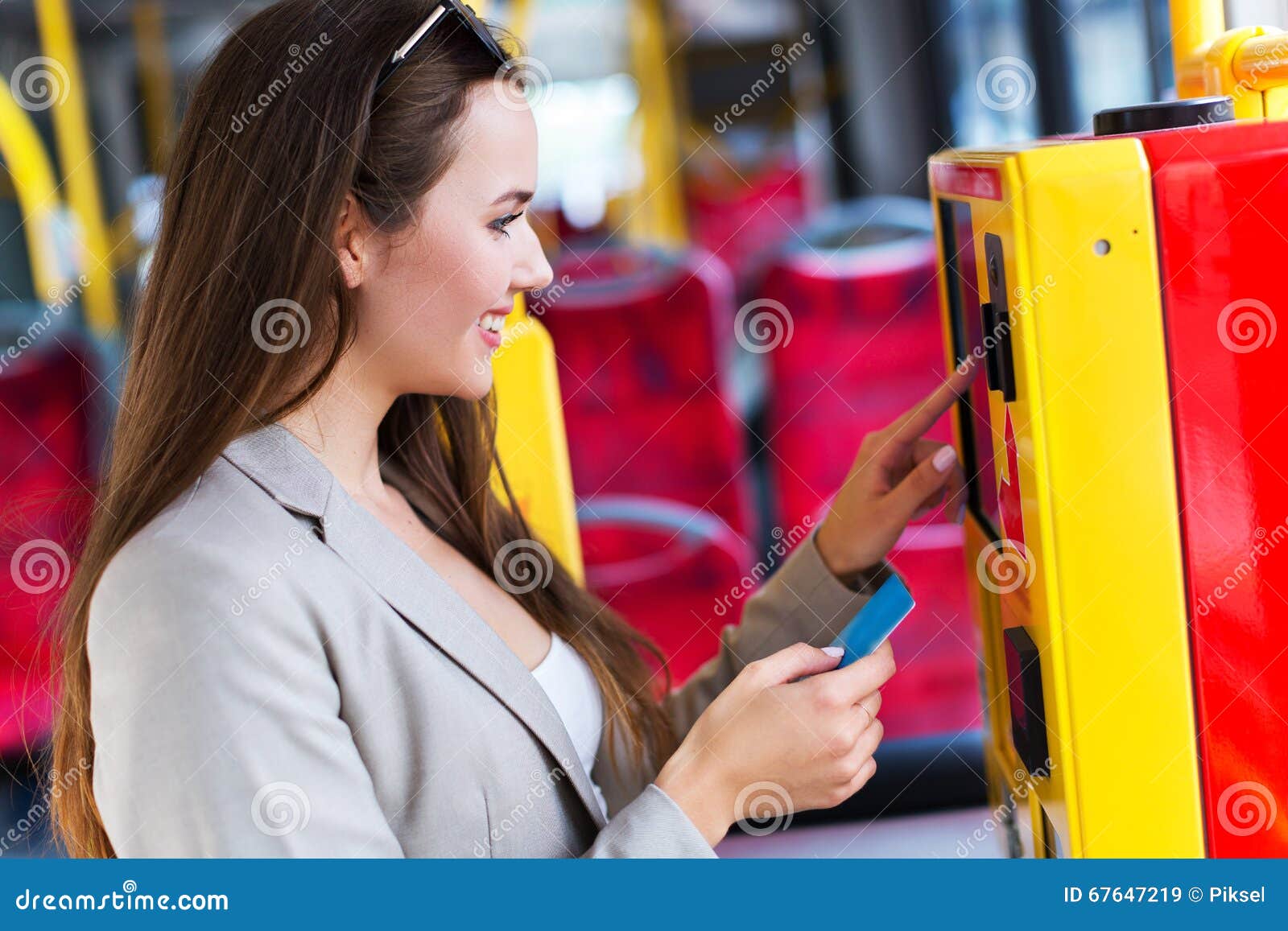 Woman Using Ticket Machine on Bus Stock Image - Image of europe, life ...