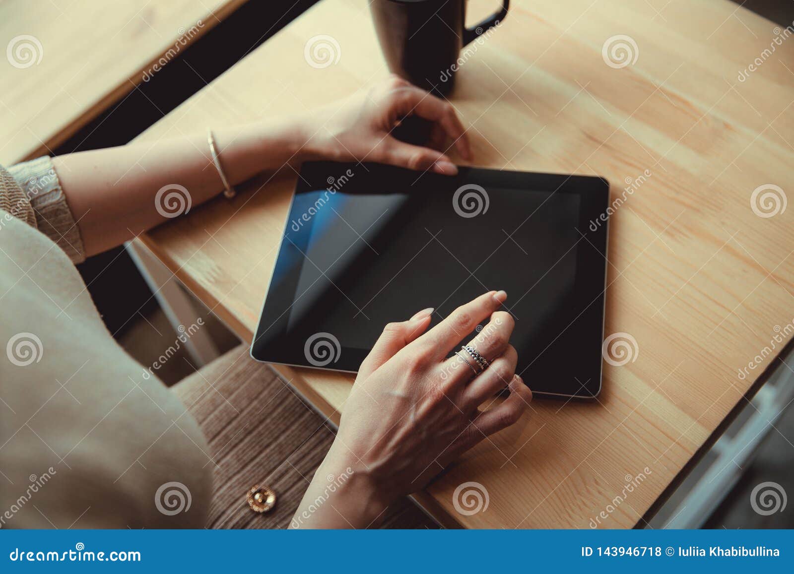 Woman Using a Touch Screen Tablet Hands Close Up. Ipad Stock Photo ...