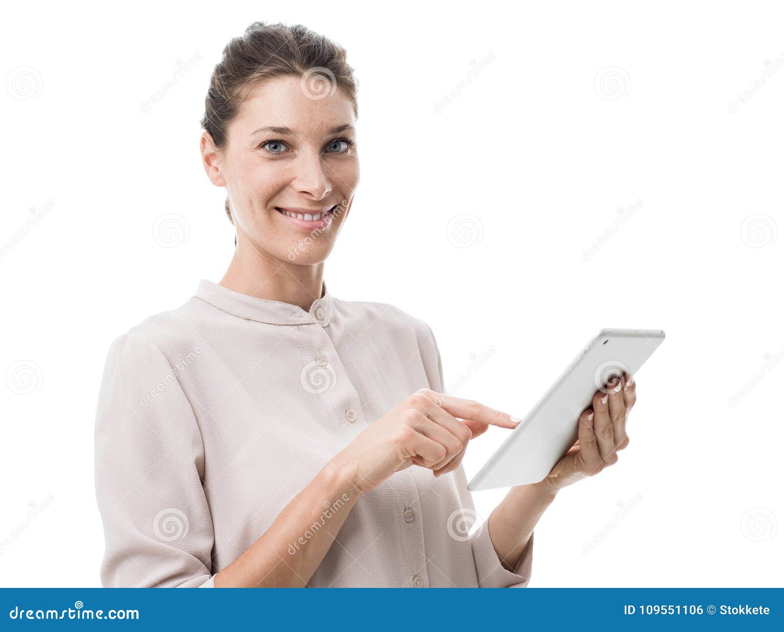 Woman Using a Touch Screen Tablet Stock Photo - Image of friendly ... Woman Using a Touch Screen Tablet Stock Photo - Image of friendly ...