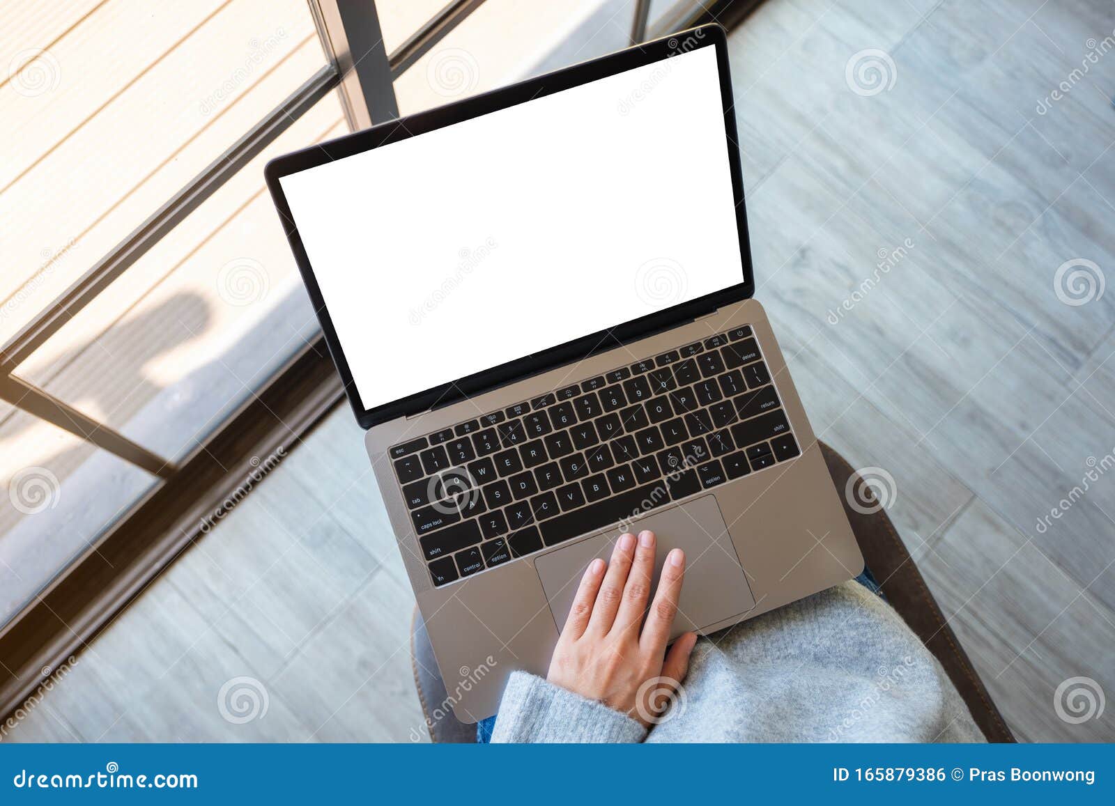 A Woman Using and Touching on Laptop Touchpad with Blank White Desktop ...