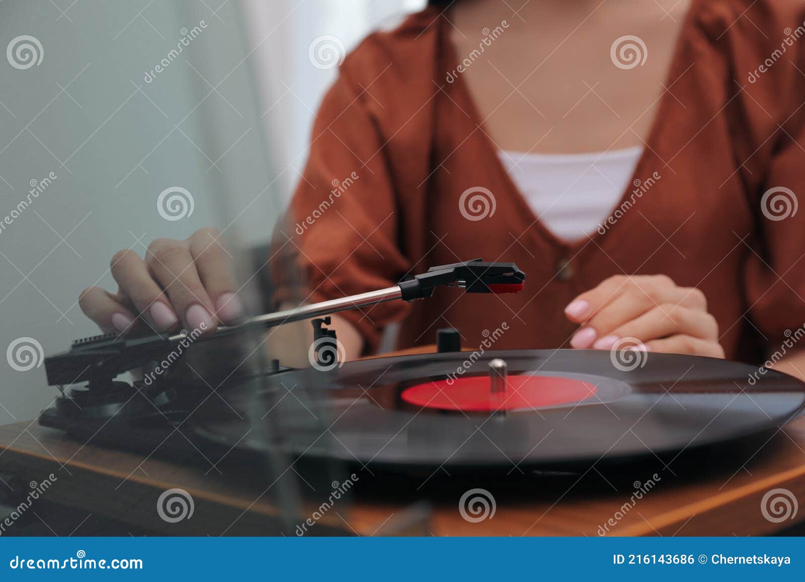 Woman Using Turntable at Home, Closeup View Stock Photo - Image of disk ...
