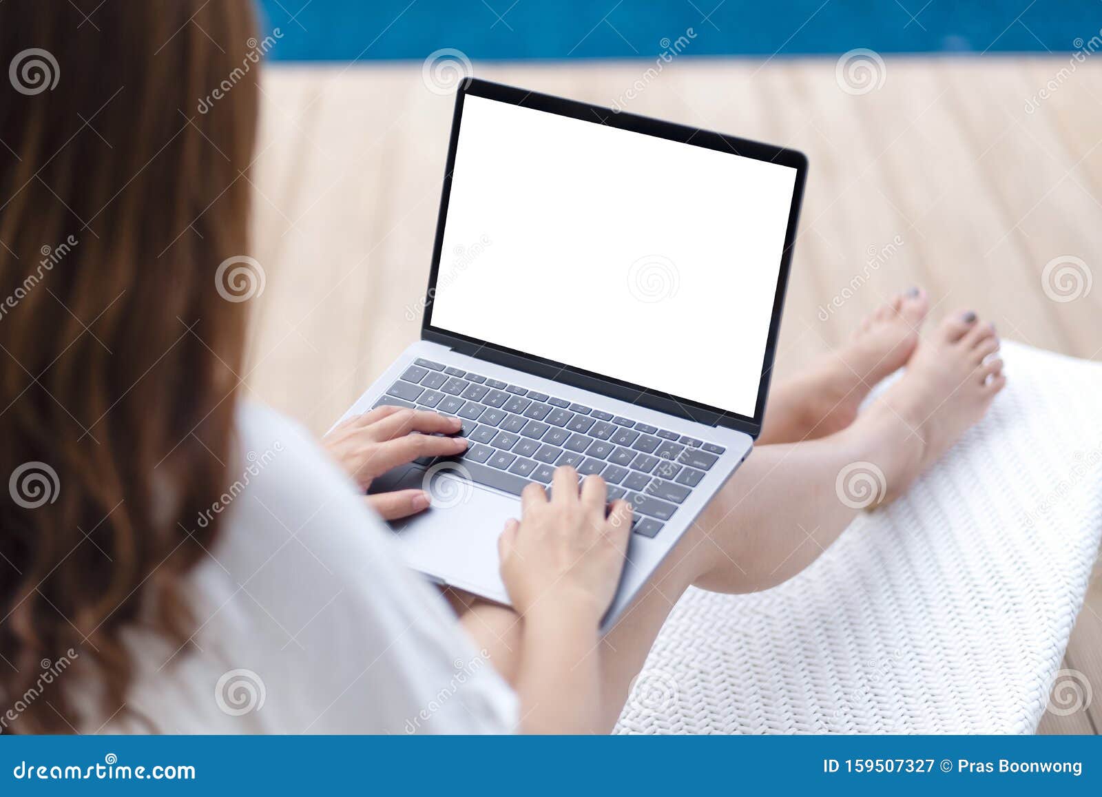 A Woman Using and Typing on Laptop with Blank White Screen by Swimming ...