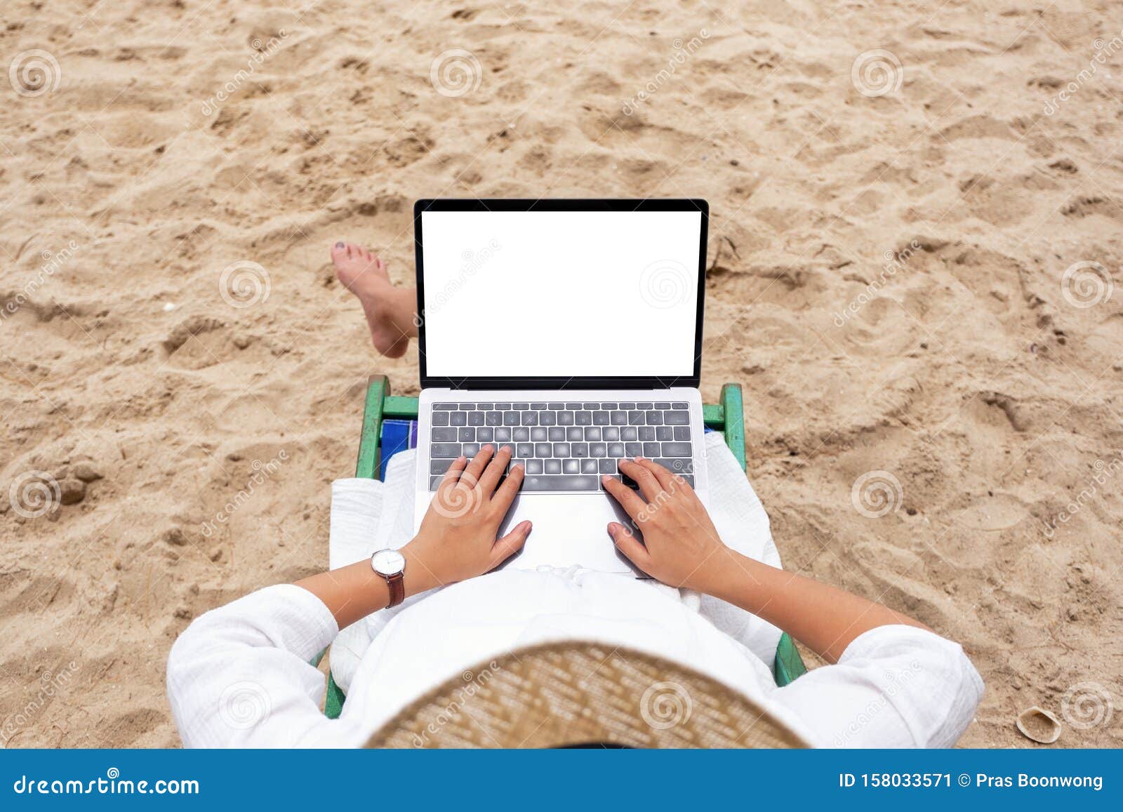 A Woman Using and Typing on Laptop Computer with Blank Desktop Screen ...
