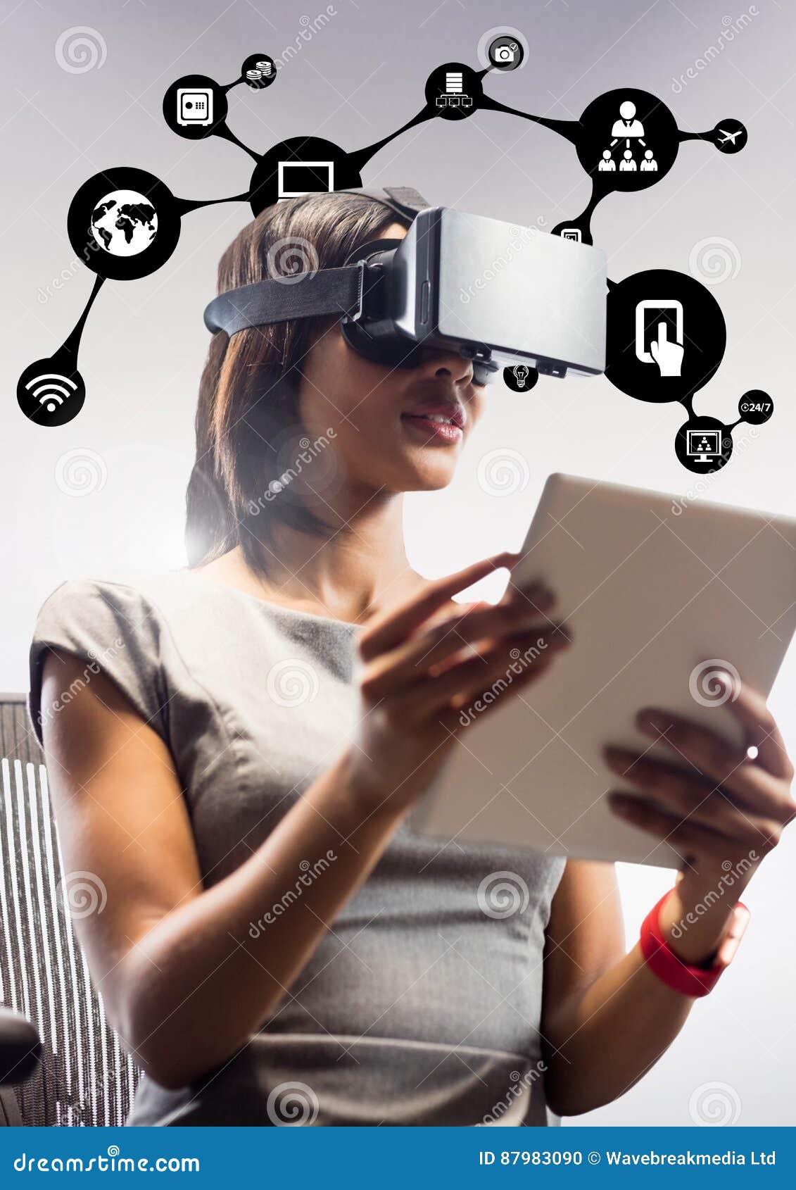 Woman Using Virtual Reality Headset and Digital Tablet Against ...