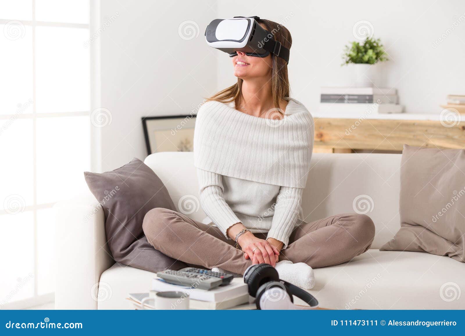 Woman Using the Virtual Reality Headset at Home Stock Image - Image of ...