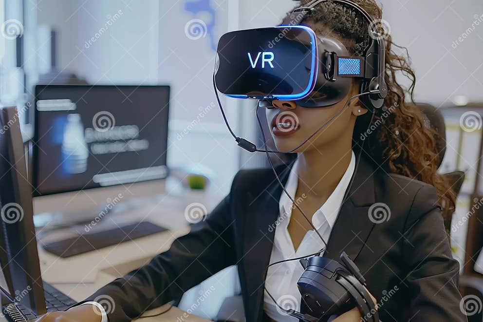 Woman Using Virtual Reality in Modern Workspace, Integrating Advanced ...