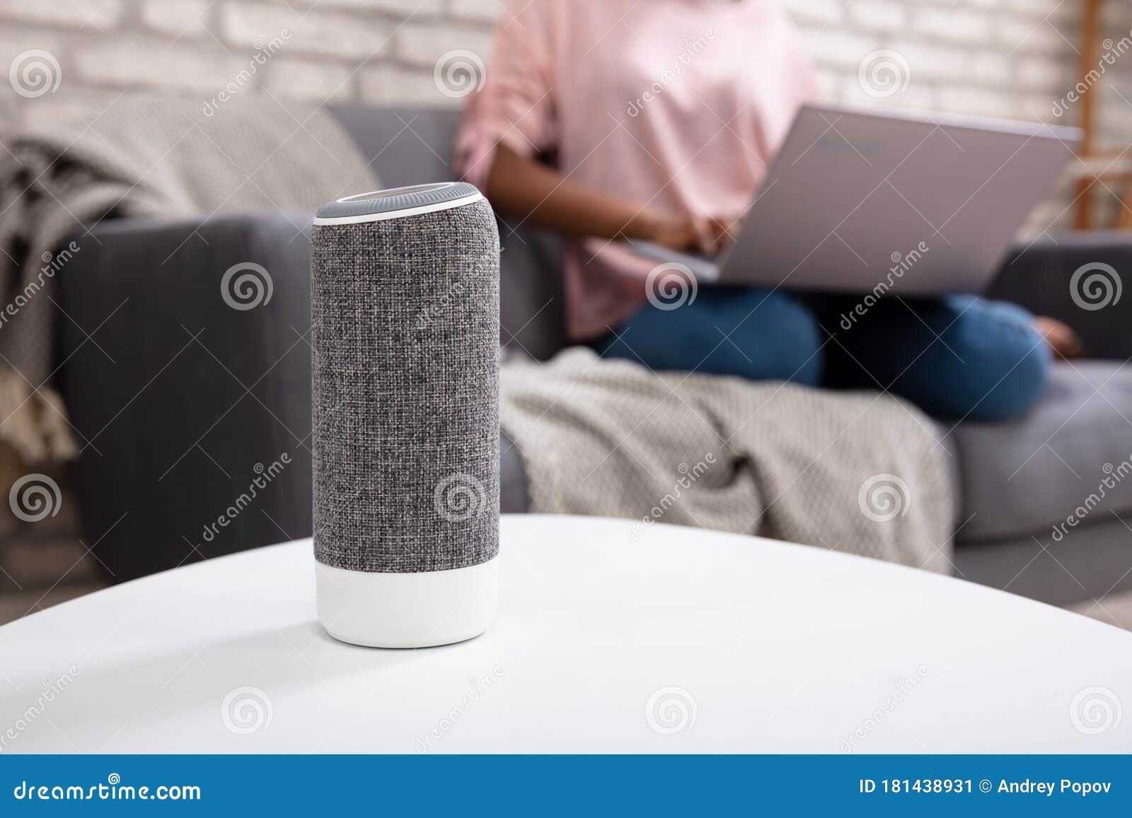 Woman Using Voice Assistant Speaker Stock Image - Image of looking ...
