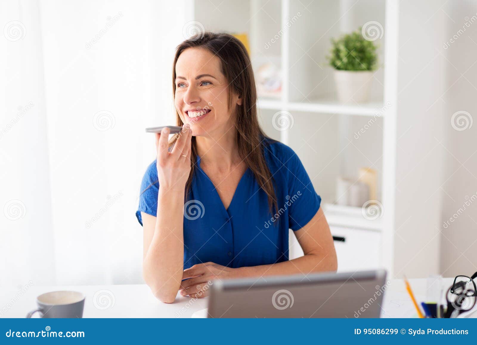 Woman Using Voice Recorder on Smartphone at Office Stock Image - Image ...