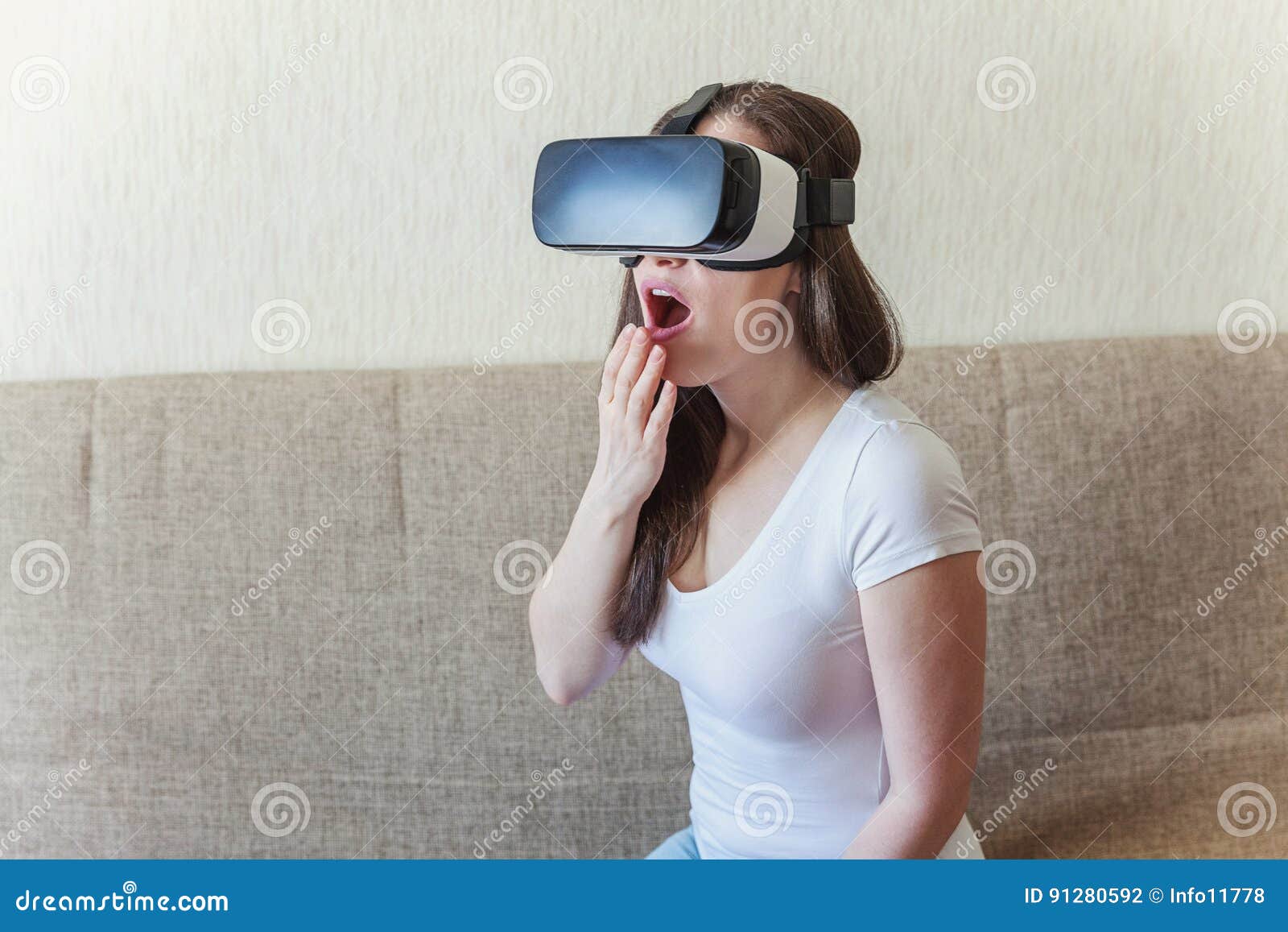 Woman using VR headset stock photo. Image of head, amazement - 91280592