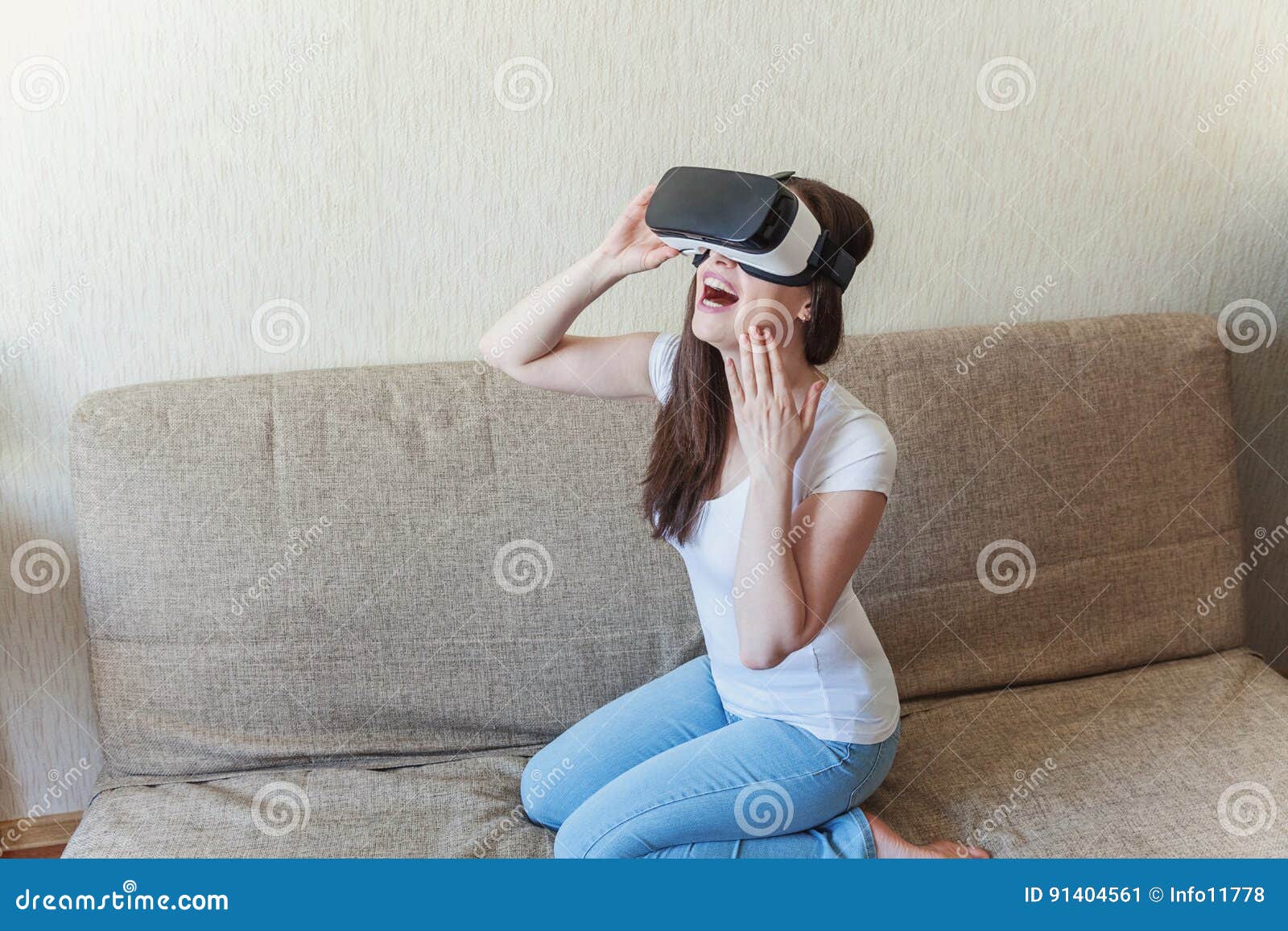 Woman using VR headset stock image. Image of happy, digital - 91404561