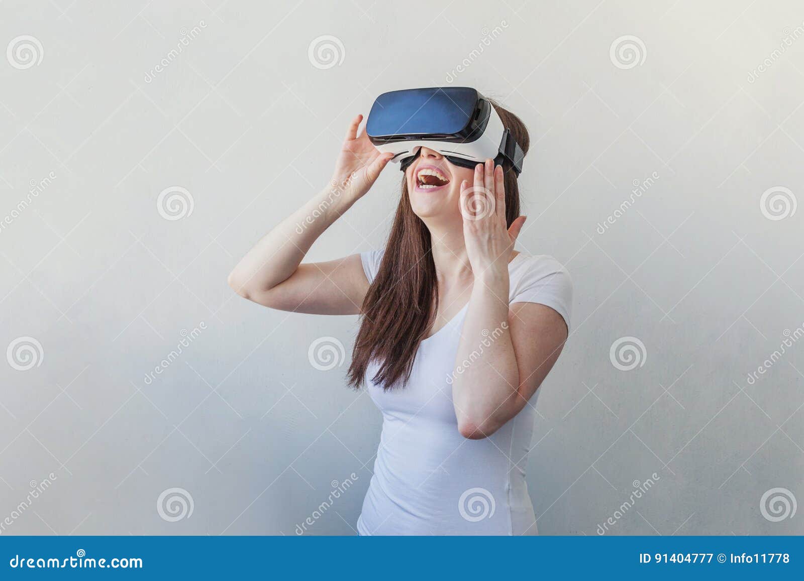 Woman using VR headset stock image. Image of experiencing - 91404777