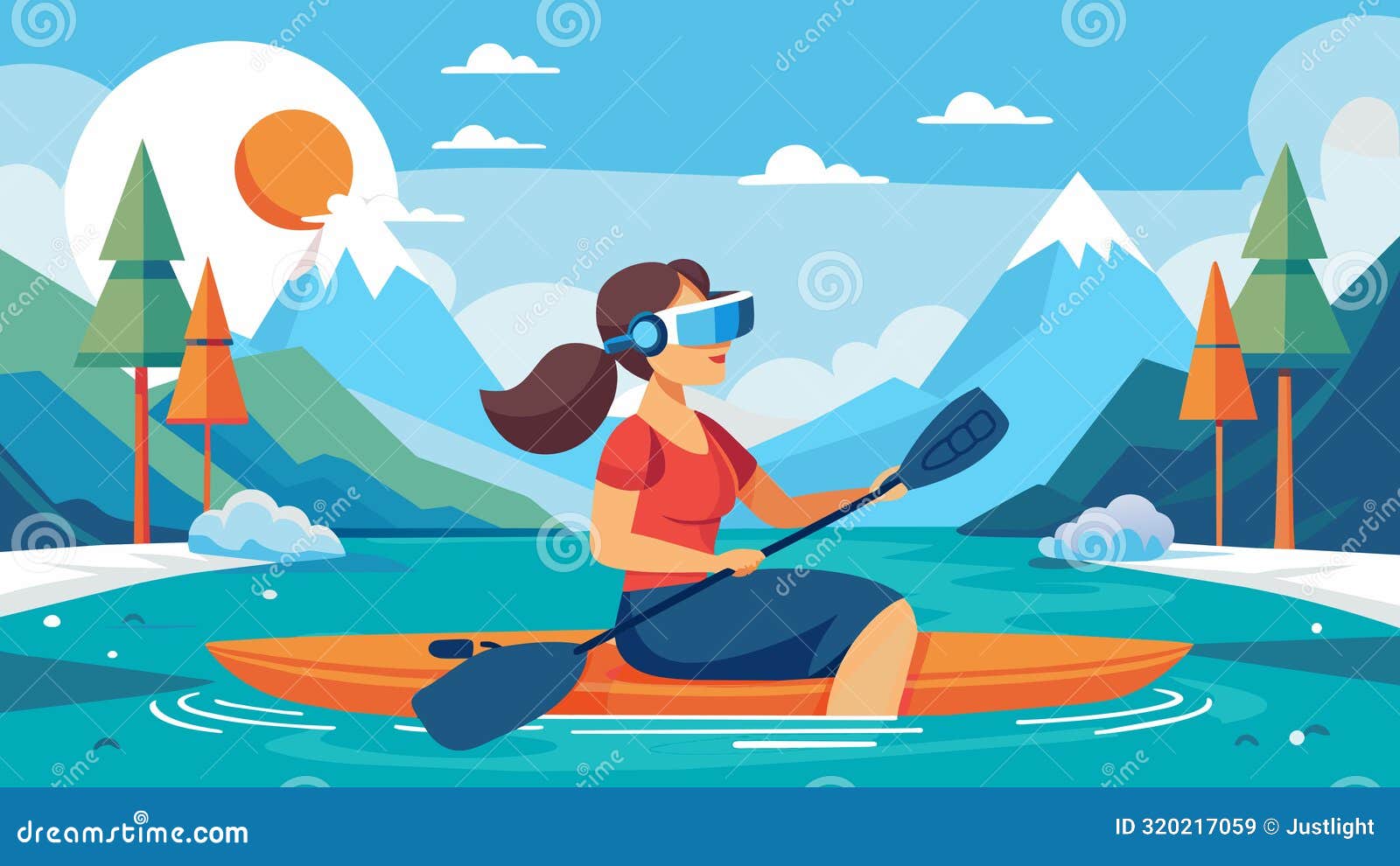 A Woman Using a VR Headset To Control and Navigate a Virtual Kayak ...