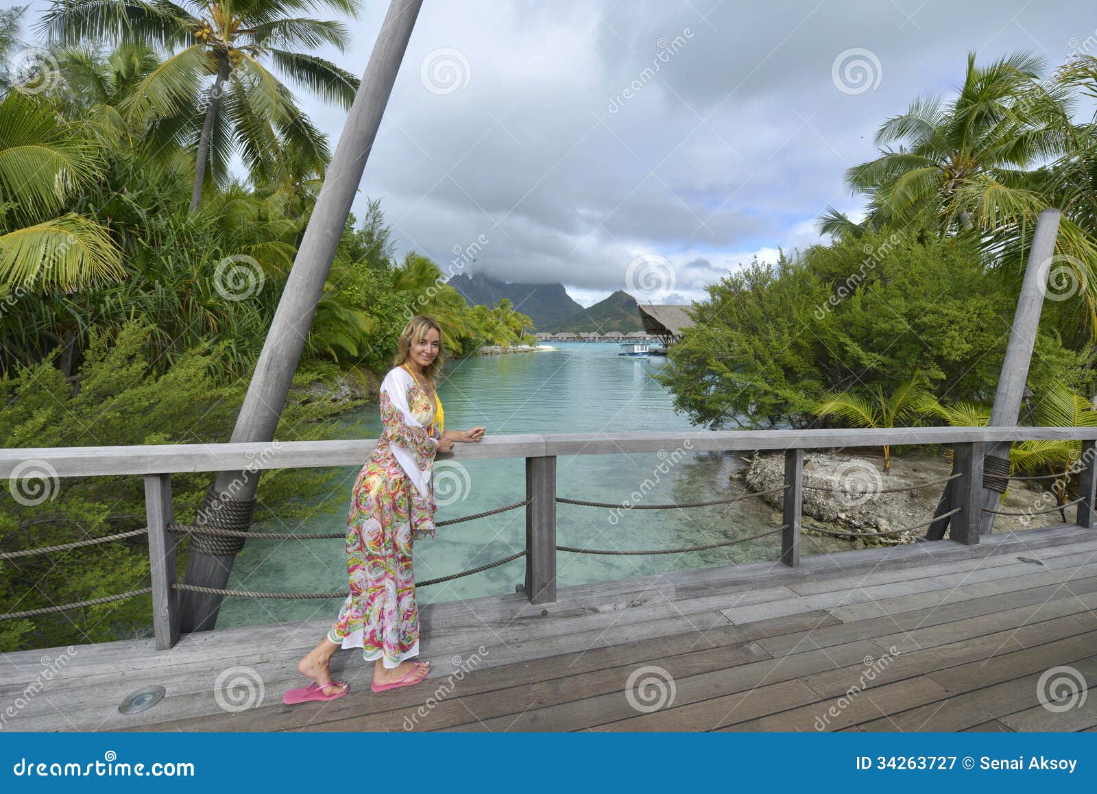 Woman on Vacation in Bora Bora Stock Image - Image of ocean, lagoon ...
