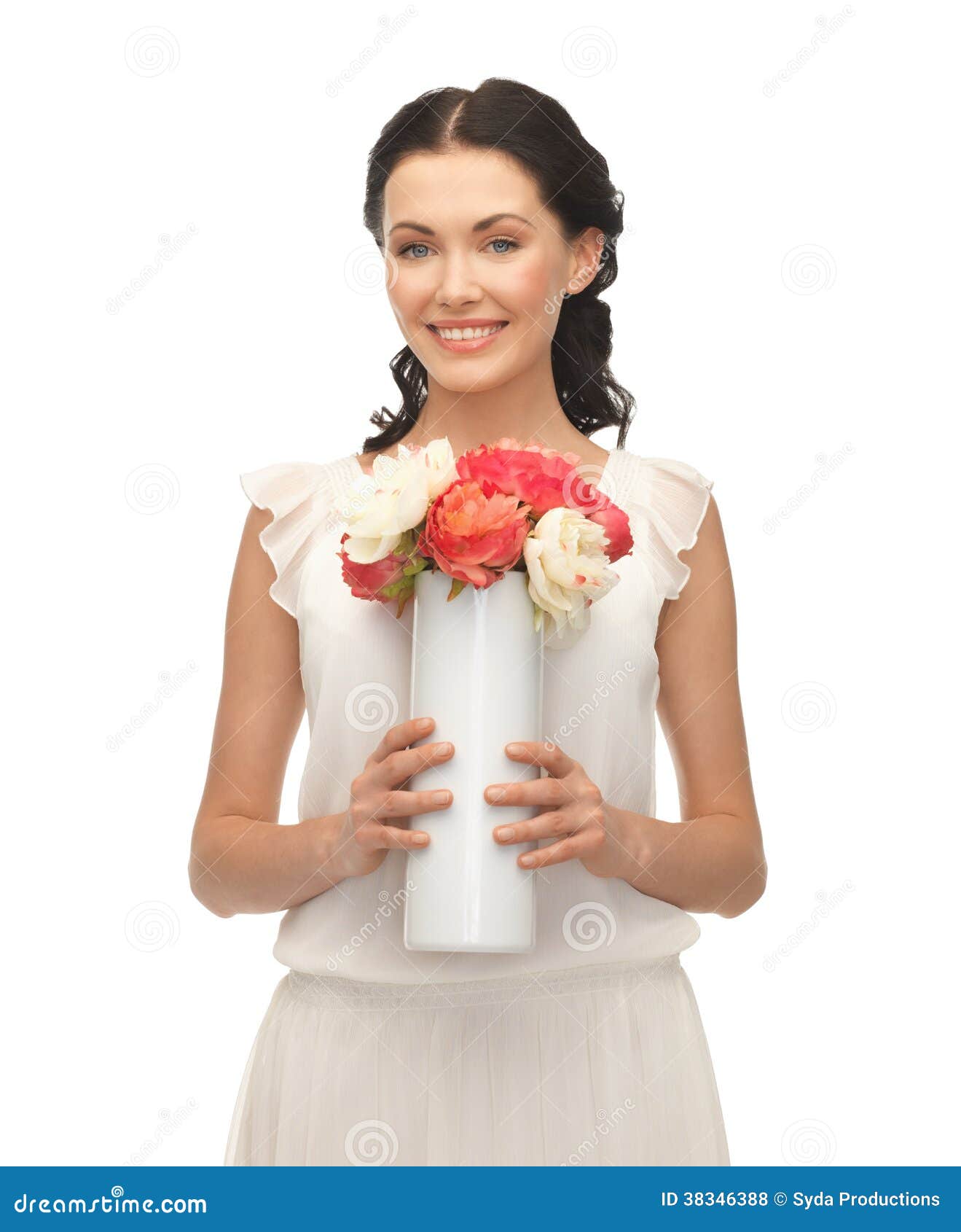 Woman with vase of flowers stock photo. Image of pleasant - 38346388