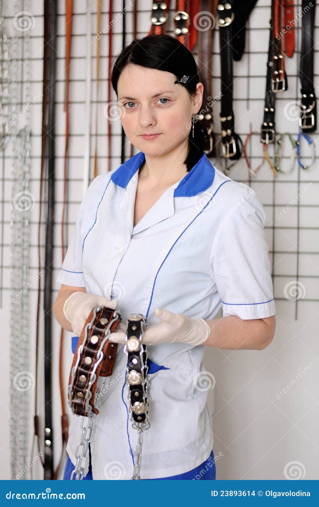 Woman Veterinarian Chooses Collar and Leash Stock Photo - Image of ...
