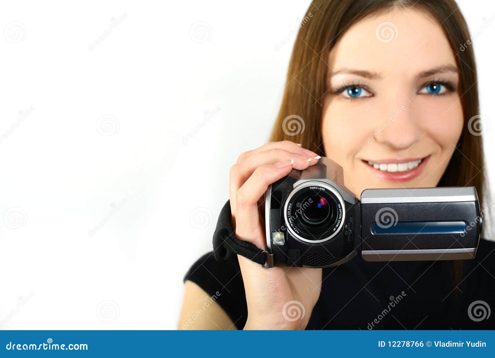 Woman and video camera stock photo. Image of beauty, camcorder - 12278766