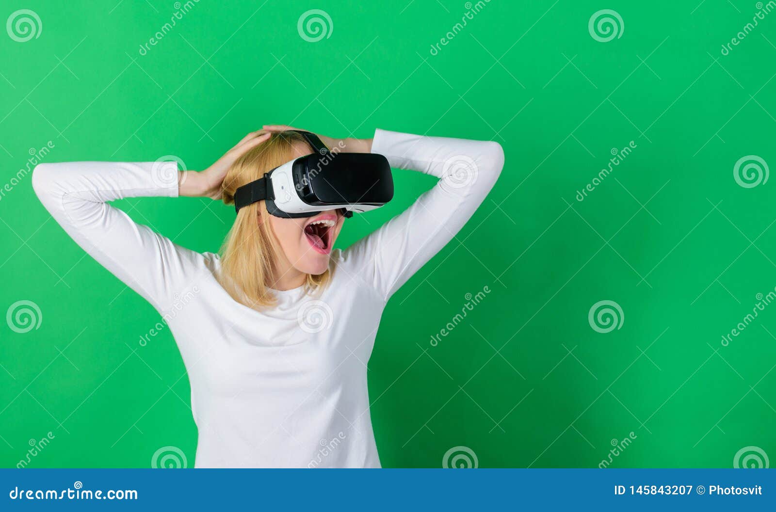Woman with Virtual Reality Headset. Funny Young Woman with VR. Cyber ...