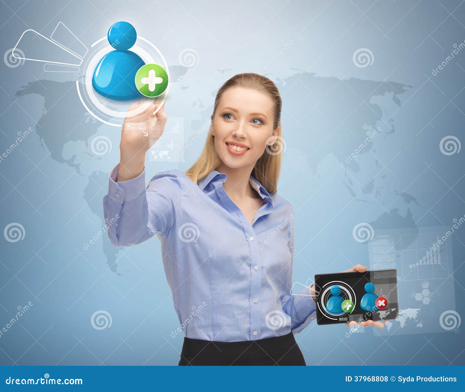 Woman with Virtual Screen and Contacts Stock Photo - Image of device ...