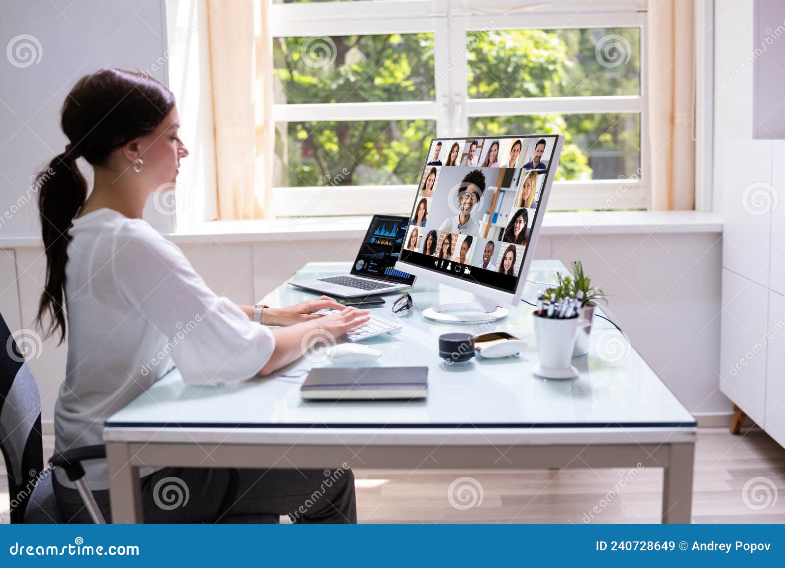 Woman in Virtual Telework Webinar Stock Image - Image of telework ...