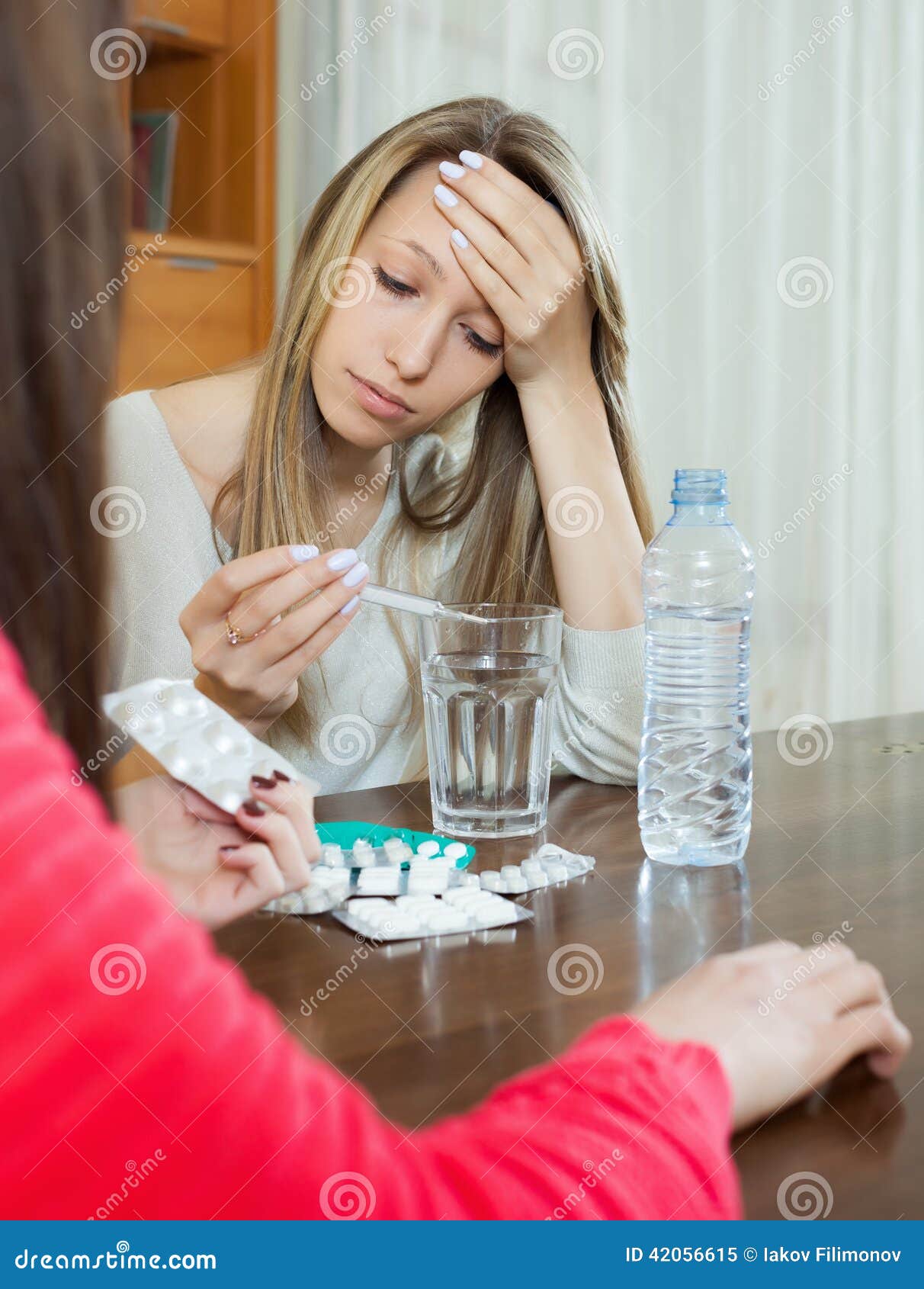 Woman Visiting Sick Girlfriends with High Temperature Stock Image ...