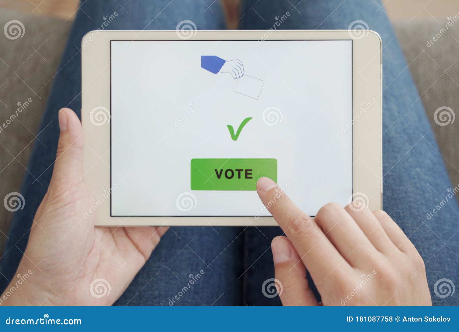 Woman Voting Online by Digital Tablet Stock Photo - Image of person ...