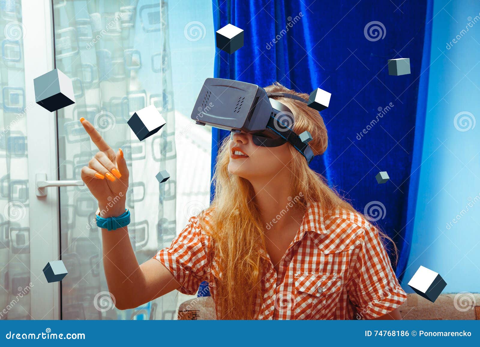 Woman in vr glasses stock photo. Image of simulator, headset - 74768186