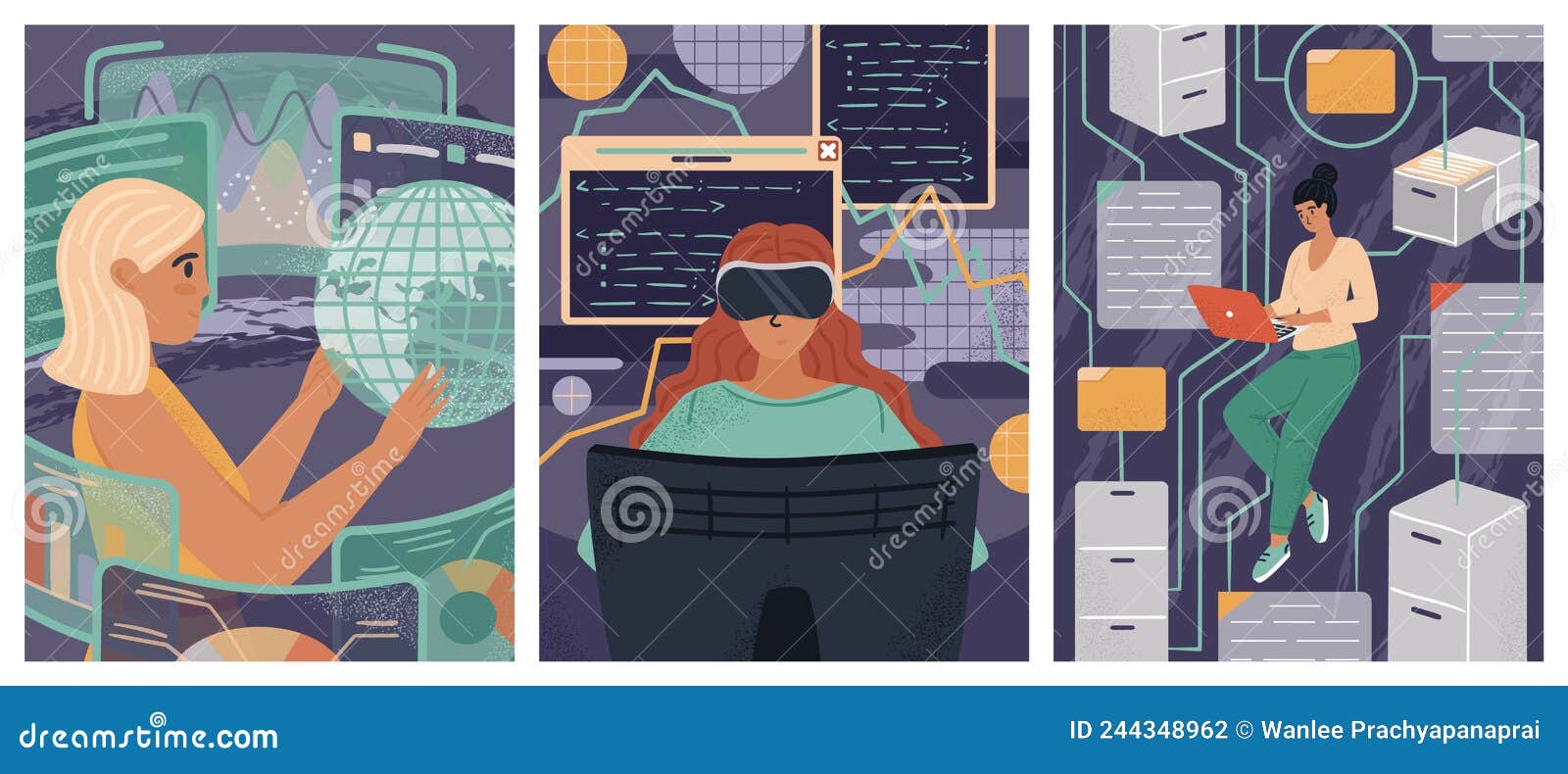 Woman in VR Goggles Coding AI Application. Female Engineers and Developers Stock Illustration ...