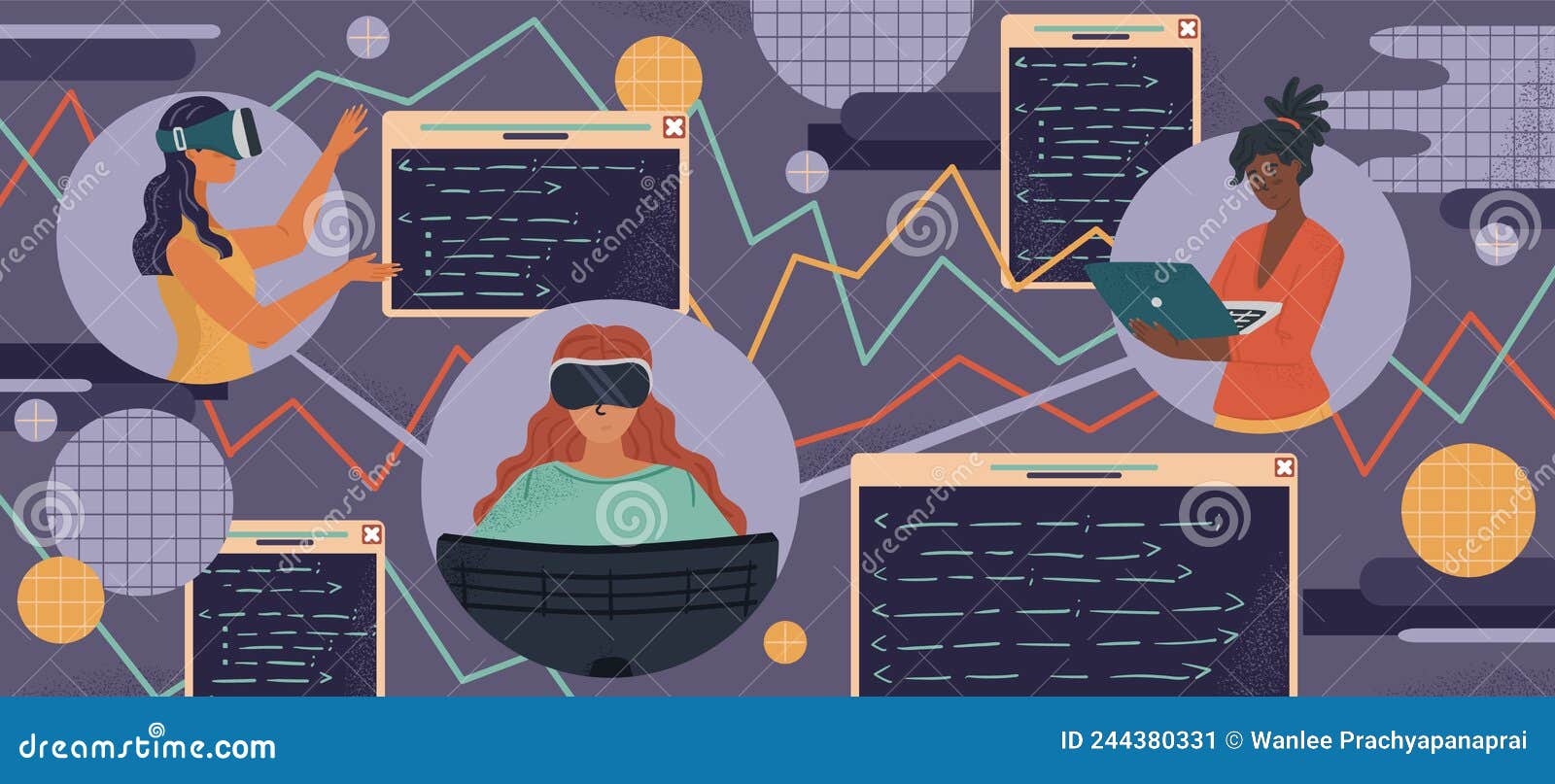 Woman in VR Goggles Coding Application. Black and White Female ...