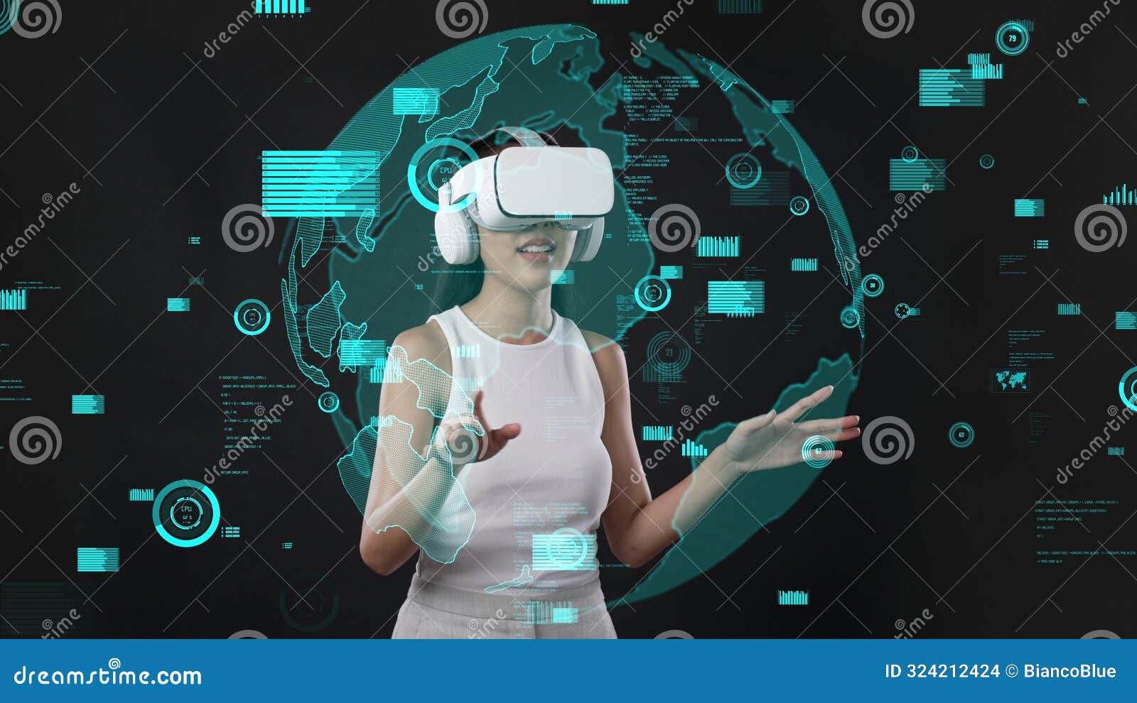 Woman in VR Headset with Digital Data Global 3D Infographic ...