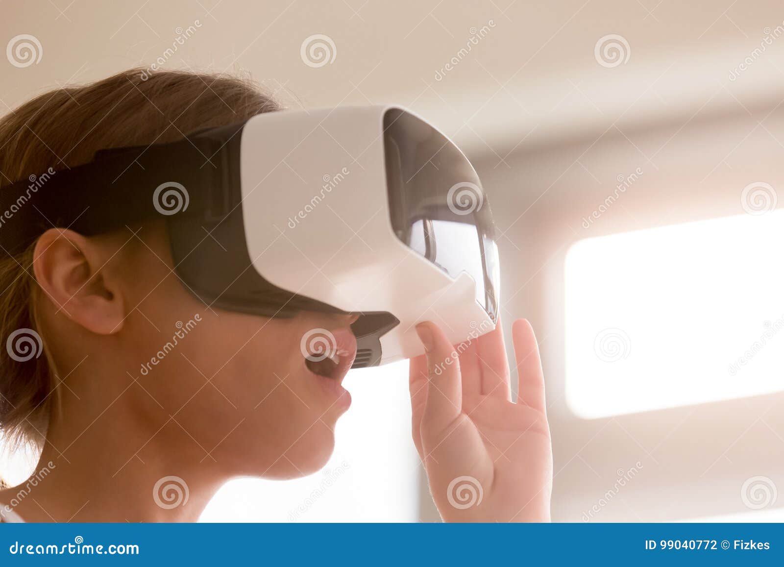 Woman in VR Headset Surprised of Virtual Reality Stock Photo - Image of ...