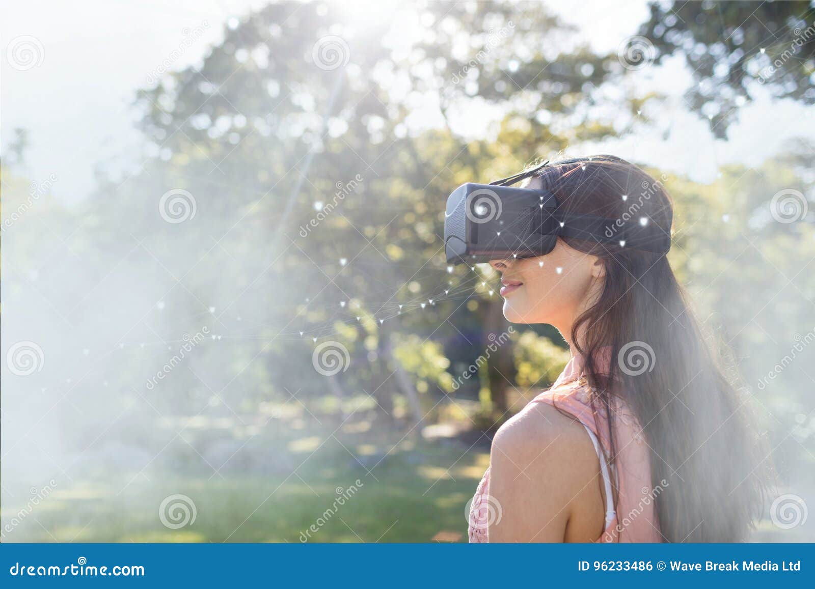 Woman in VR Headset Looking at Stars Interface with Clouds Stock Photo ...
