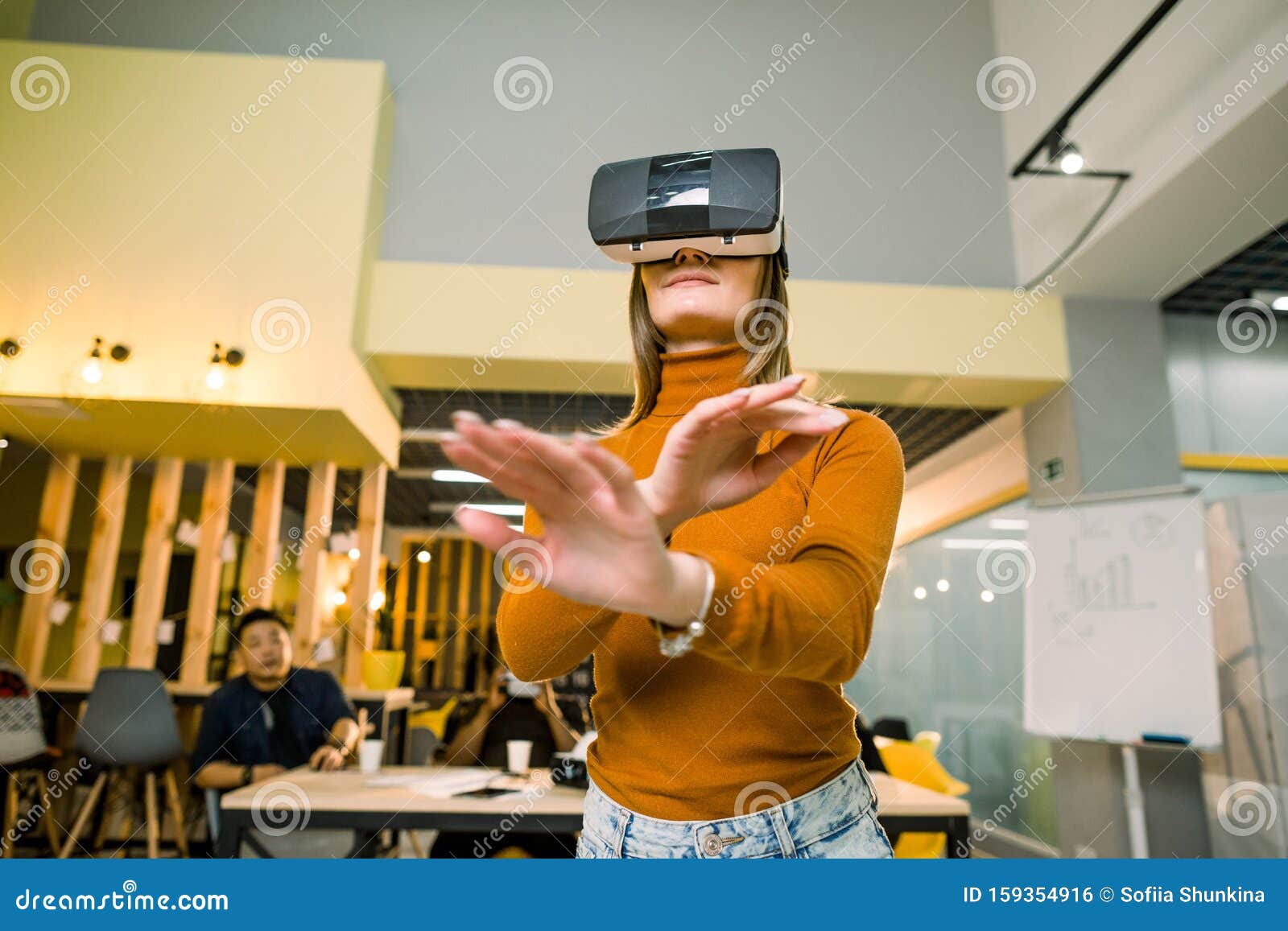 Woman In Vr Headset Touching Objects In Virtual Reality Girl