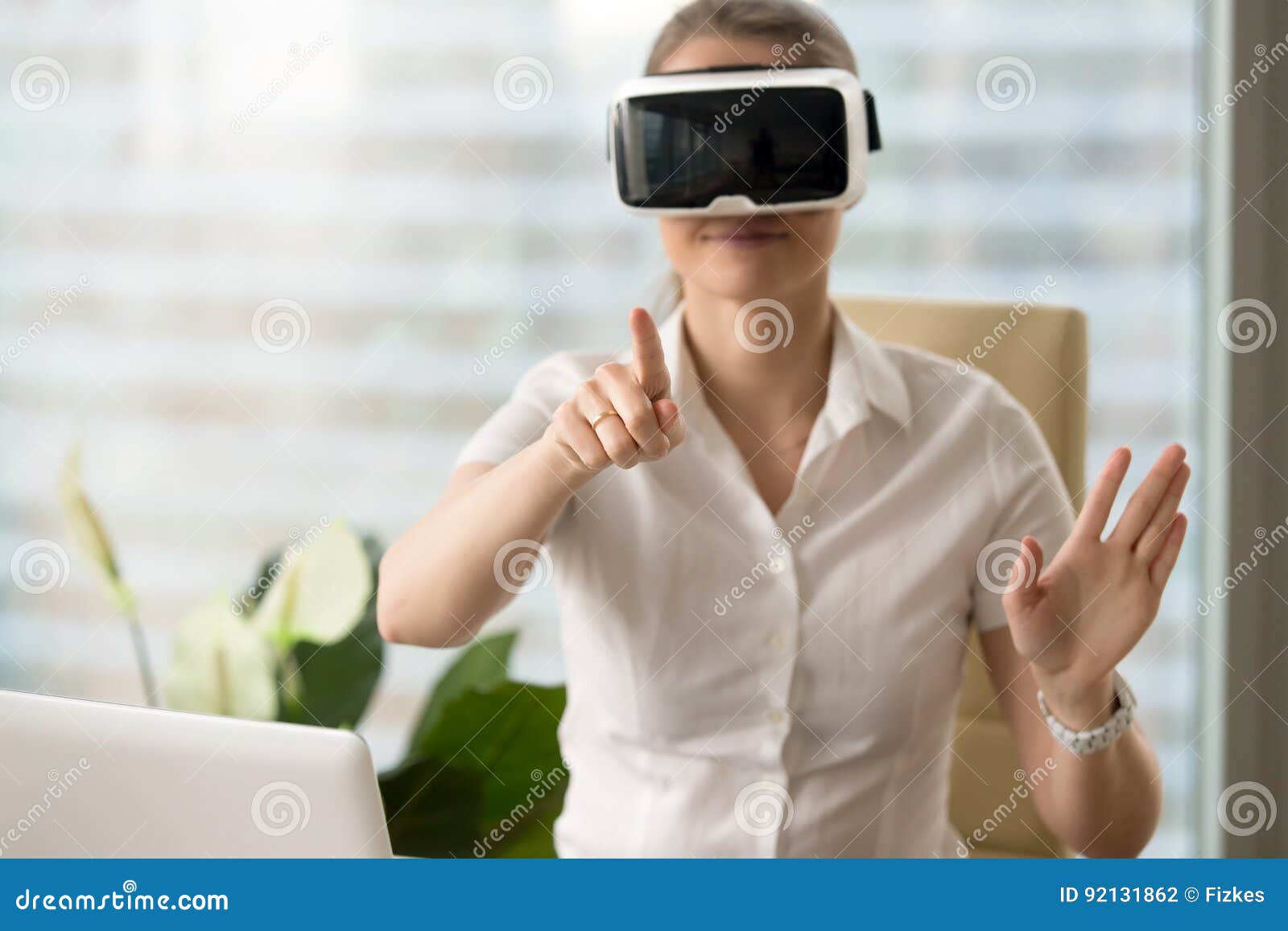 Man In VR Headset Touching Interface With Flare Stock Image ...