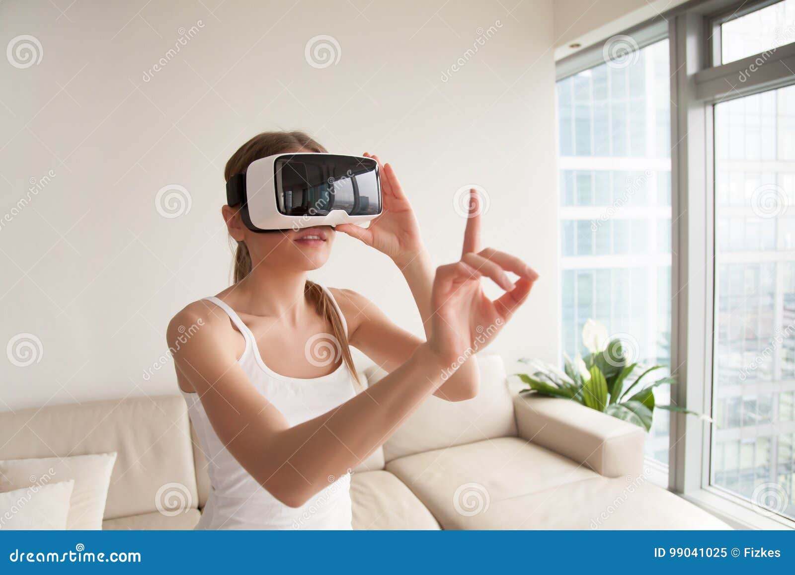 Woman In Vr Headset Touching Virtual Objects Stock Image Image Of