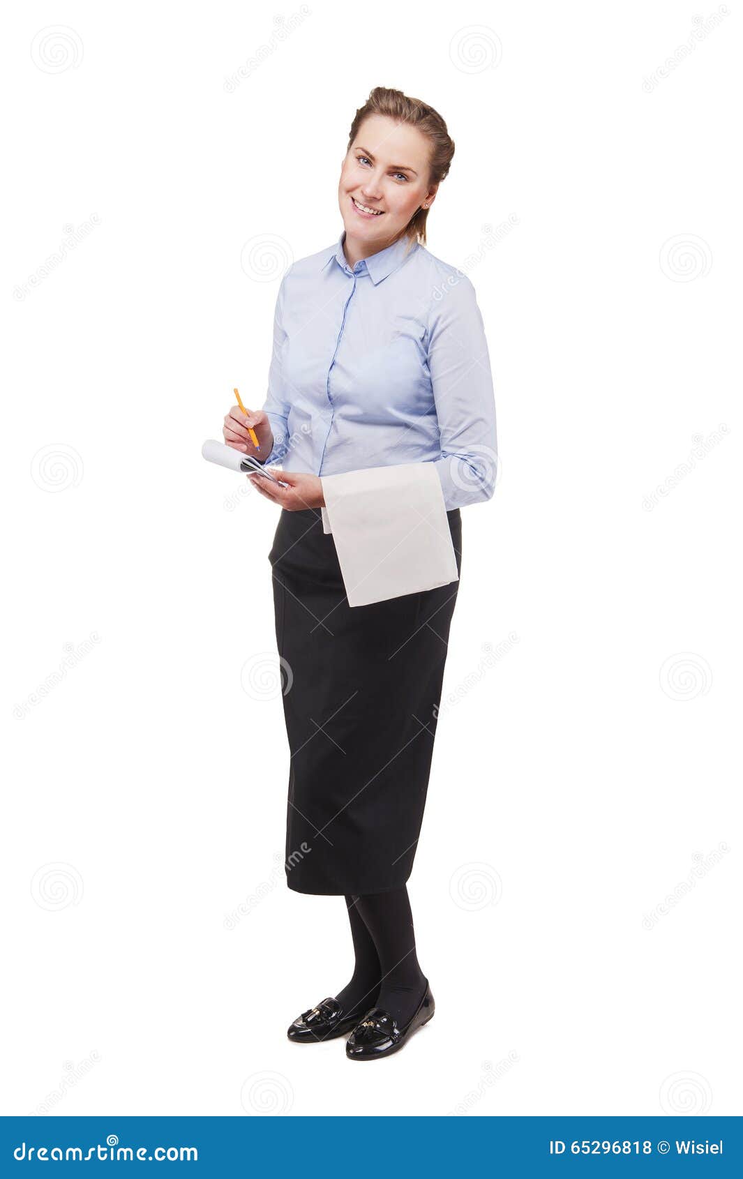 Woman in Waiter Uniform Taking Order, Smiling, Isolated on White Stock ...