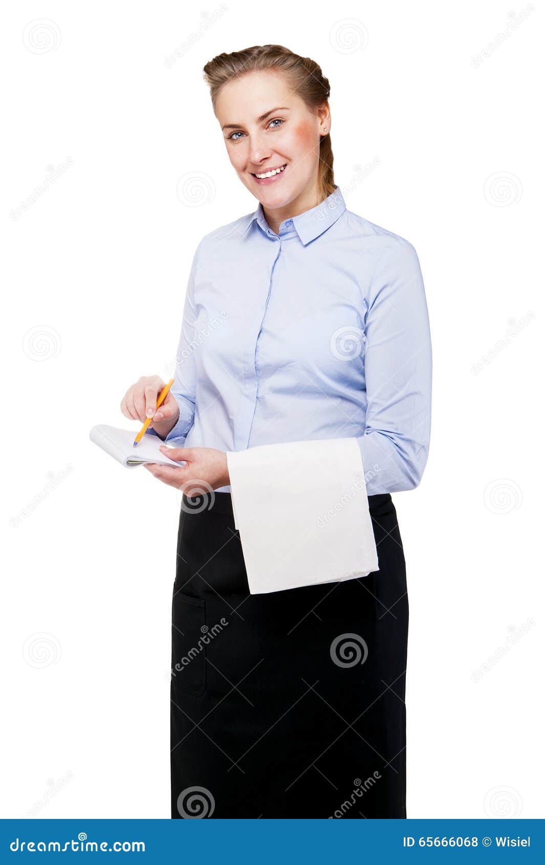 Woman in Waiter Uniform Taking Order, Smiling, Isolated on White Stock ...